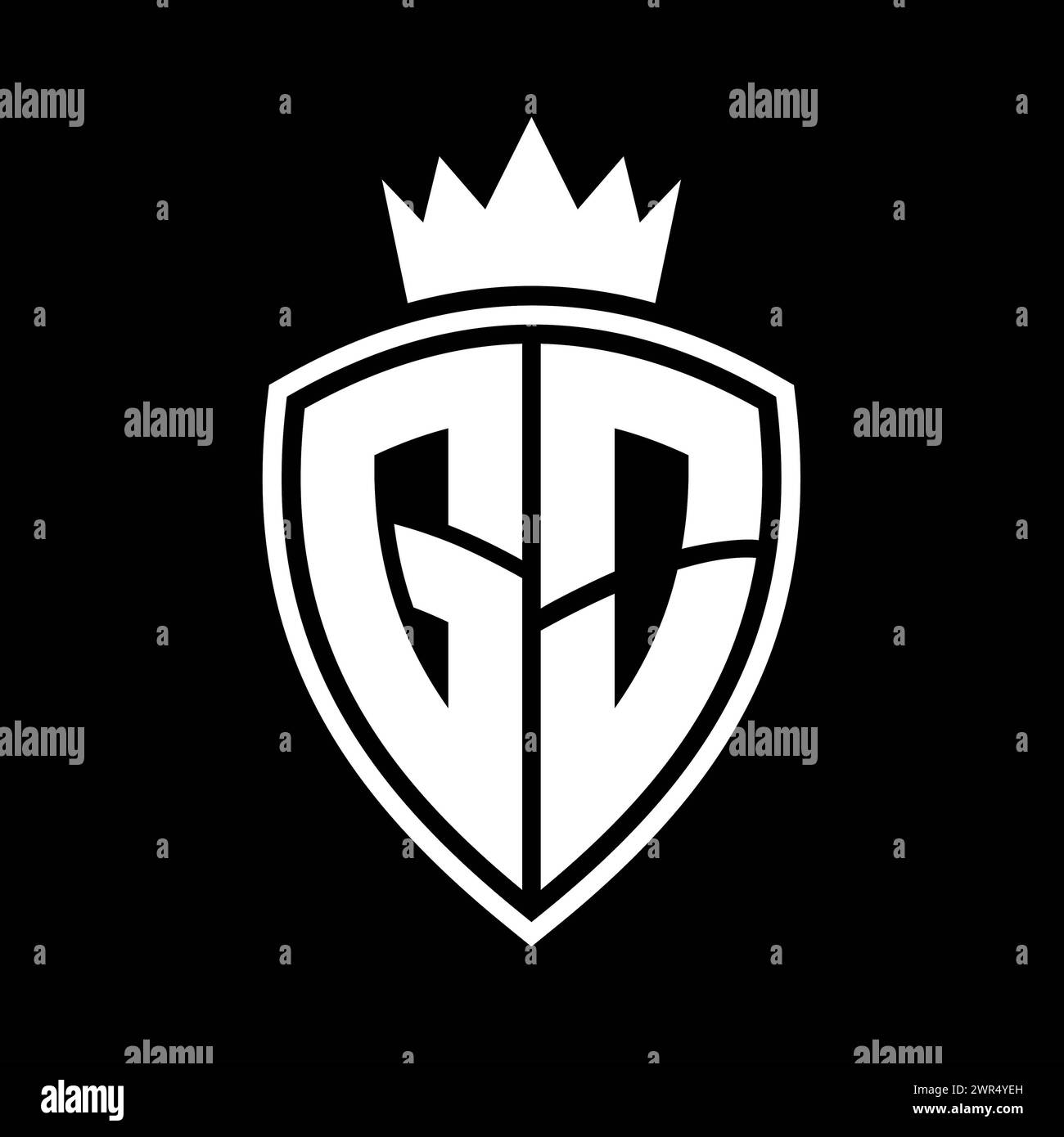 GO Letter bold monogram with shield and crown outline shape with black ...