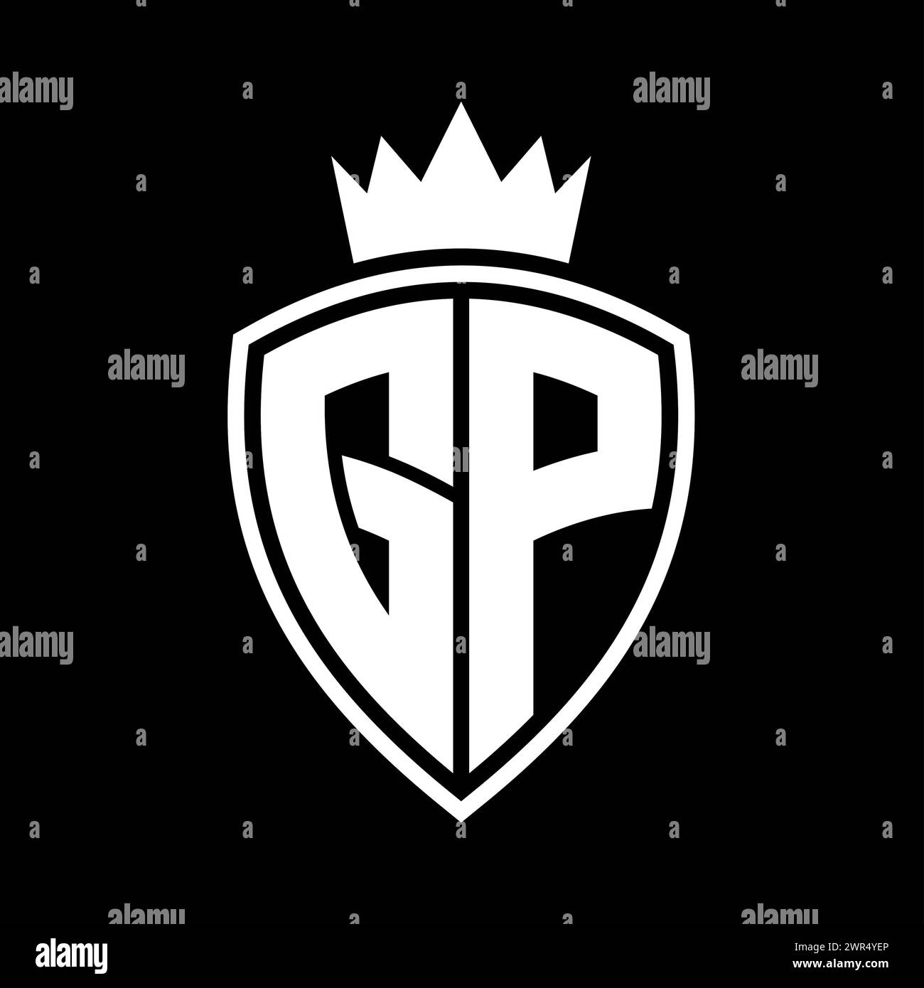 GP Letter bold monogram with shield and crown outline shape with black ...