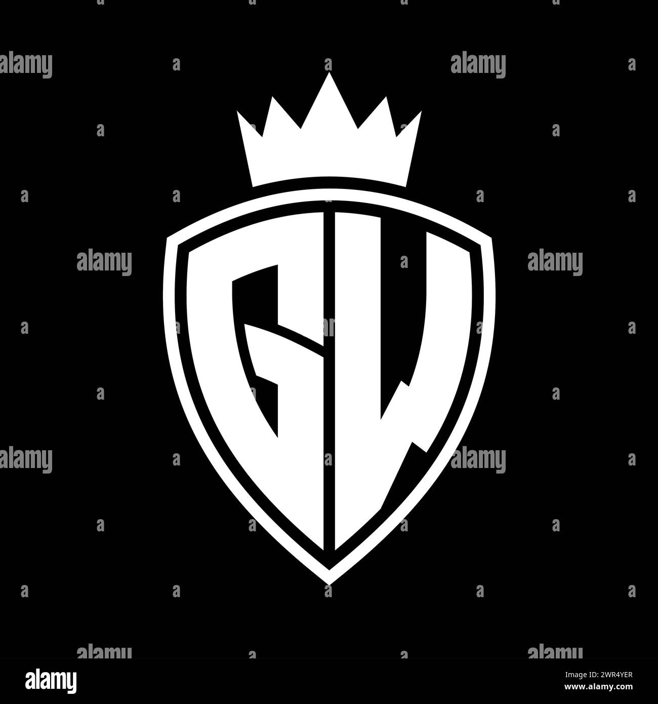 GW Letter bold monogram with shield and crown outline shape with black ...