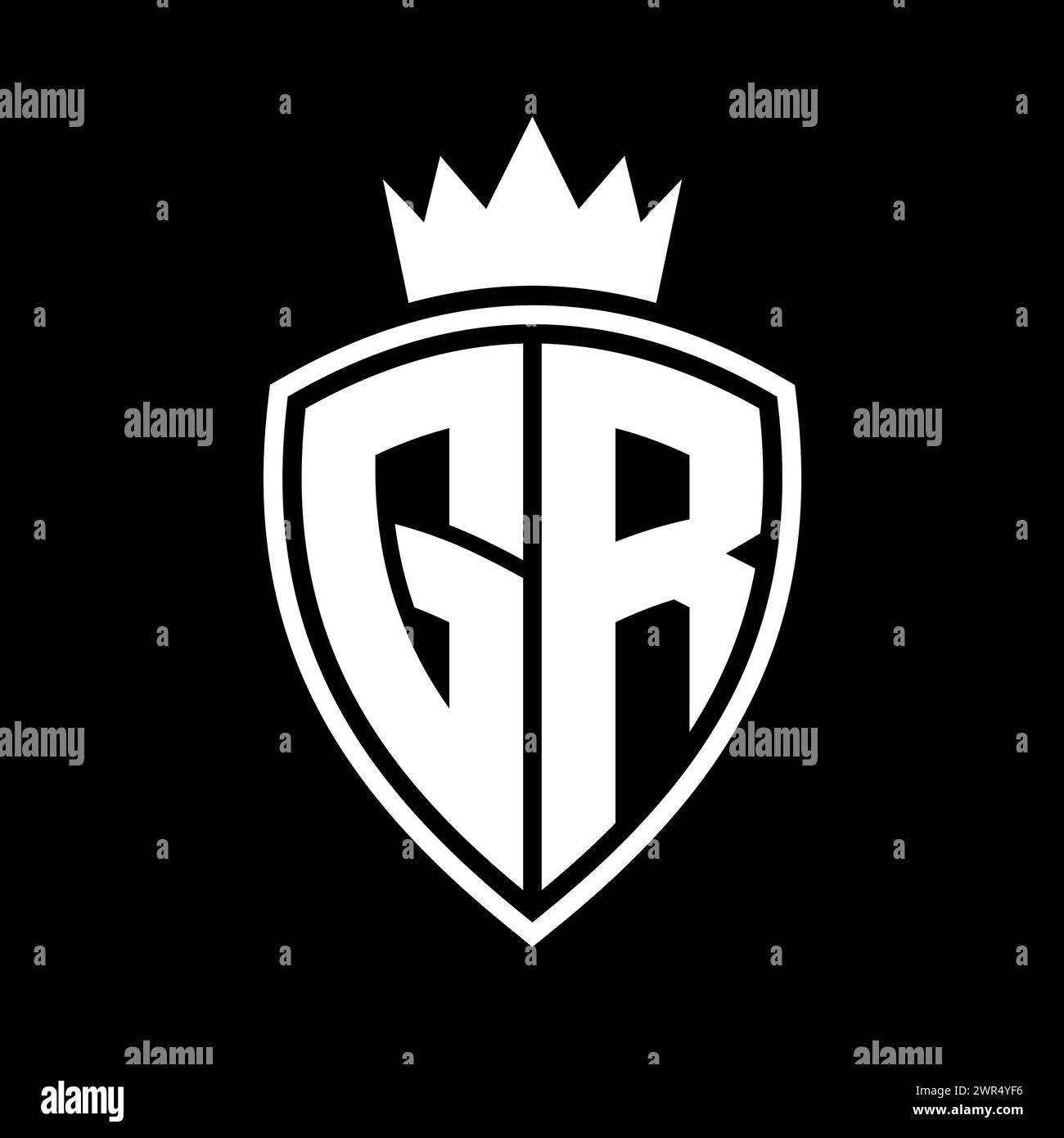 GR Letter bold monogram with shield and crown outline shape with black ...