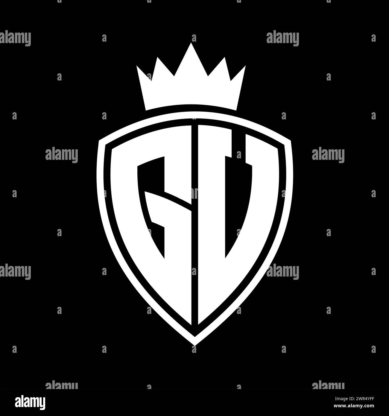 GV Letter bold monogram with shield and crown outline shape with black ...