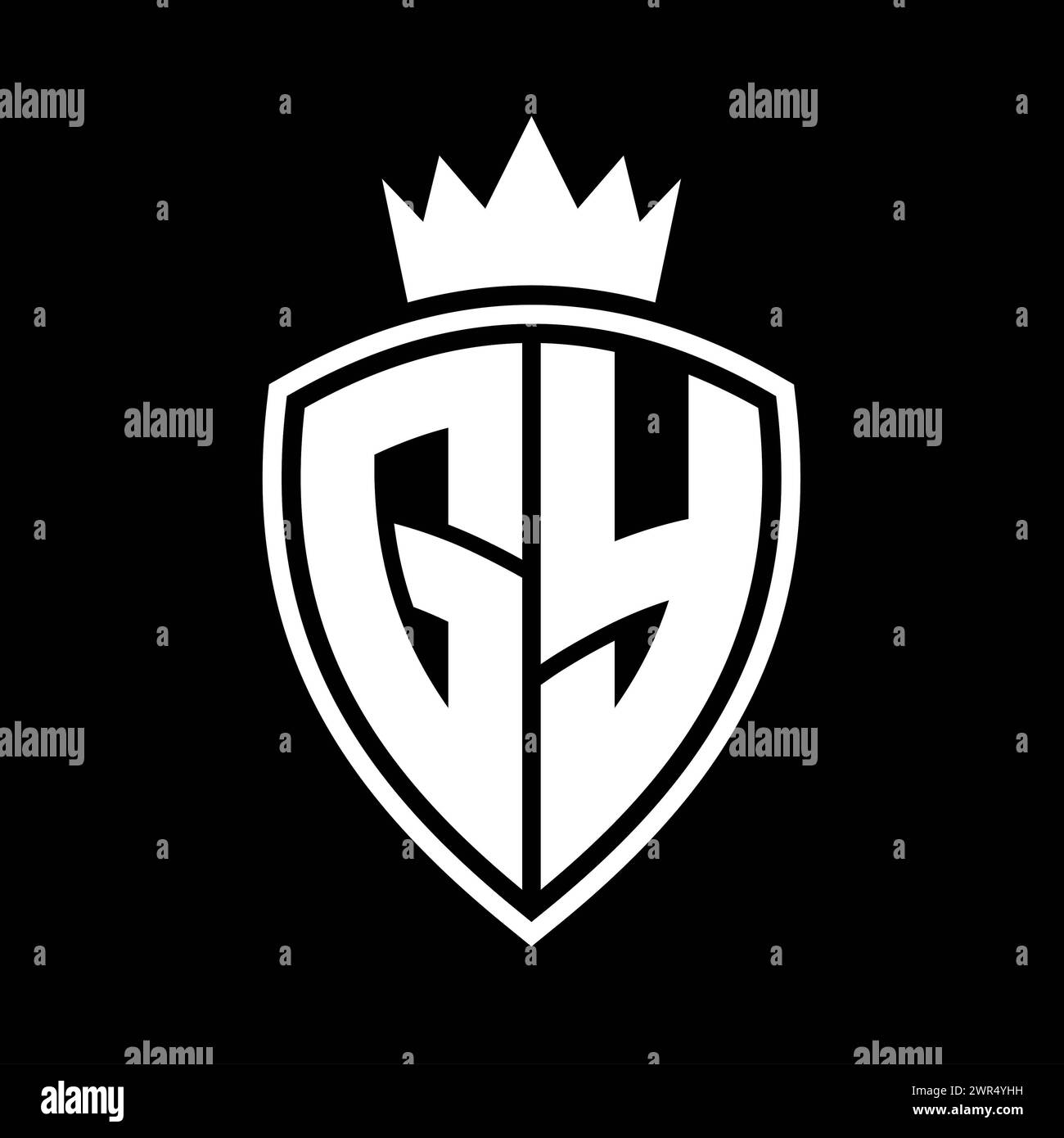 GY Letter bold monogram with shield and crown outline shape with black and white color design ...