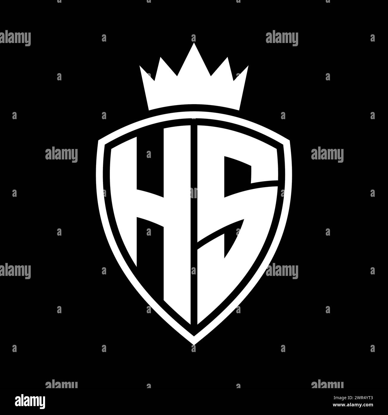 HS Letter bold monogram with shield and crown outline shape with black ...