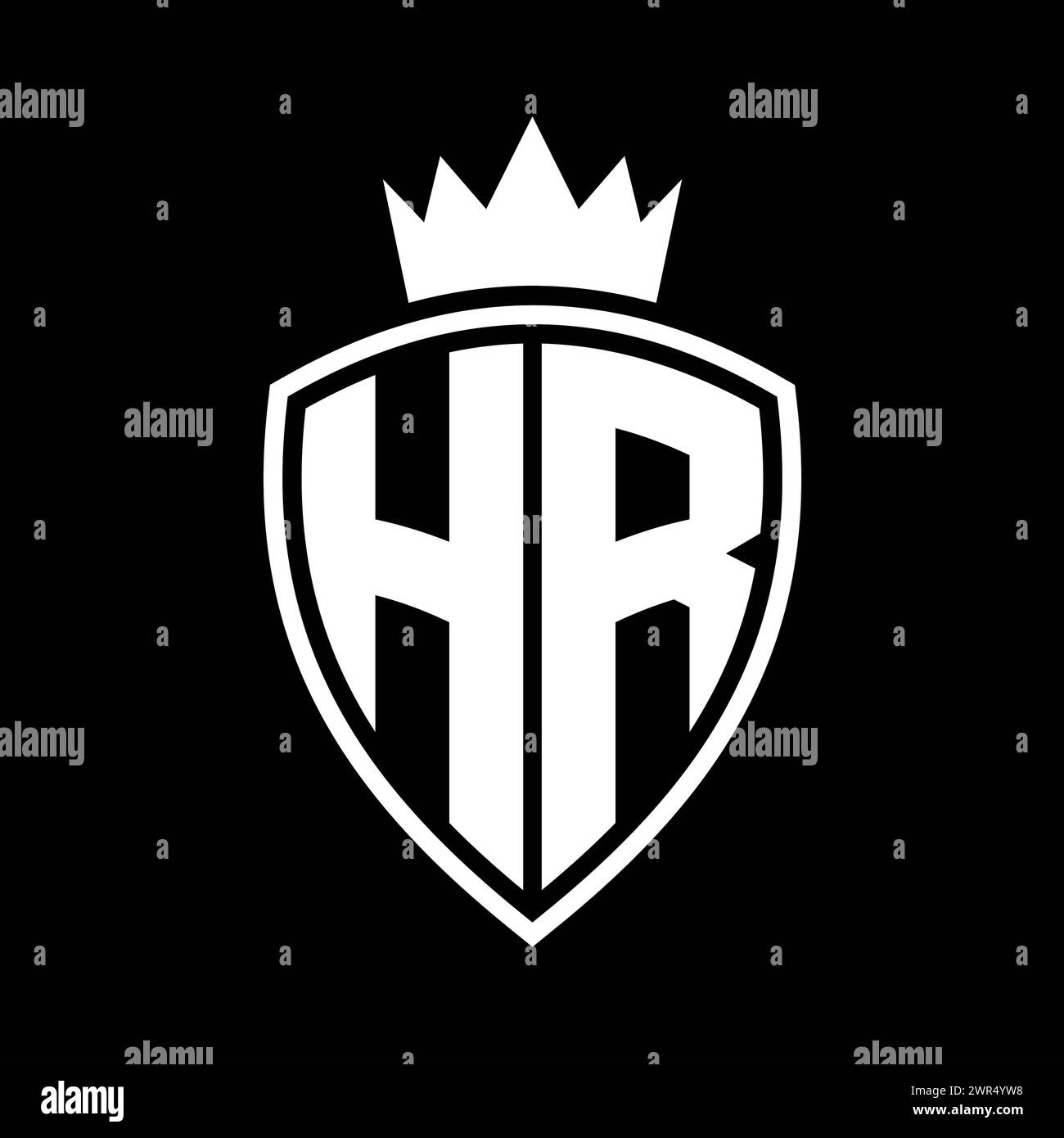 HR Letter bold monogram with shield and crown outline shape with black ...