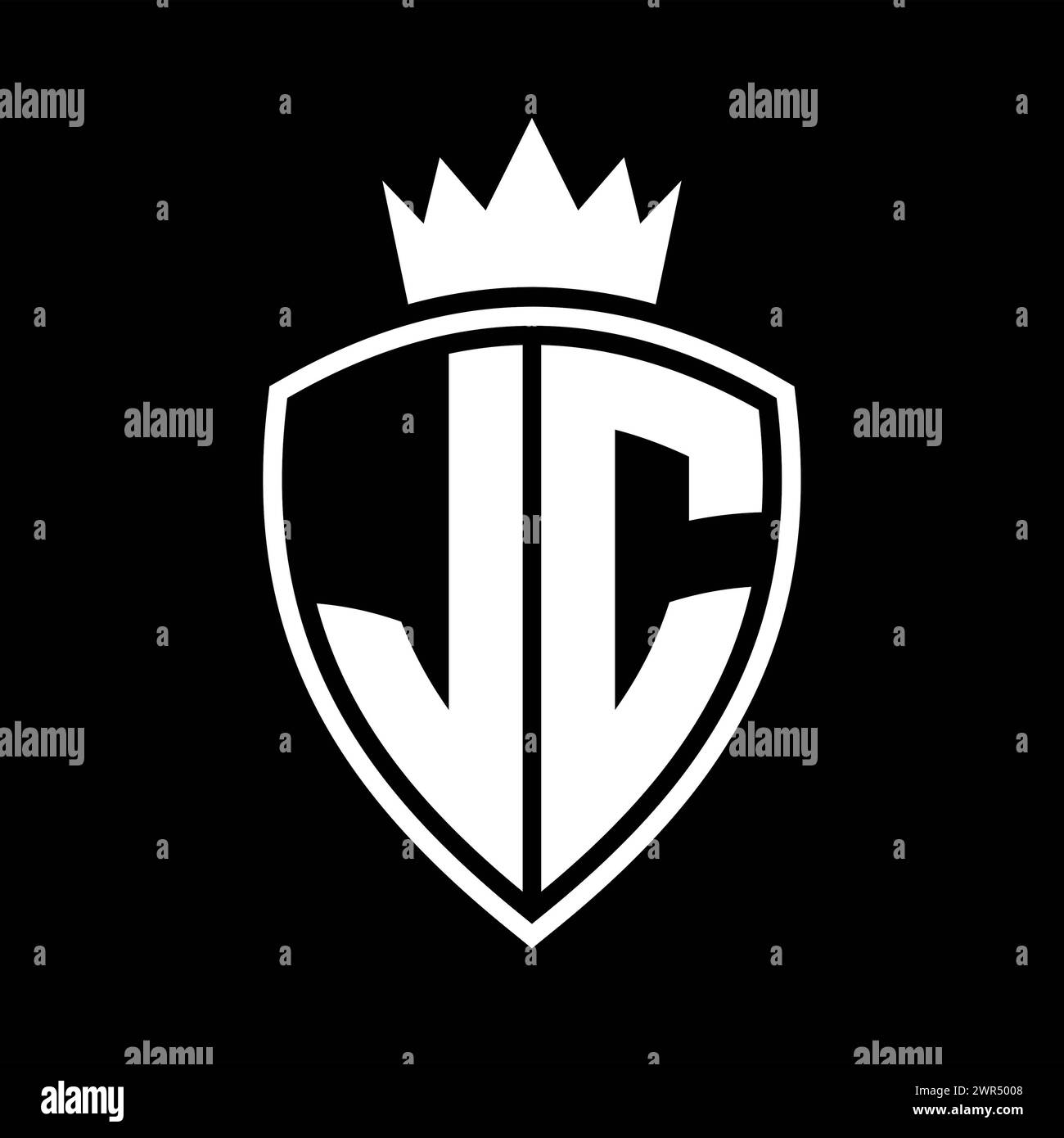 JC Letter bold monogram with shield and crown outline shape with black ...