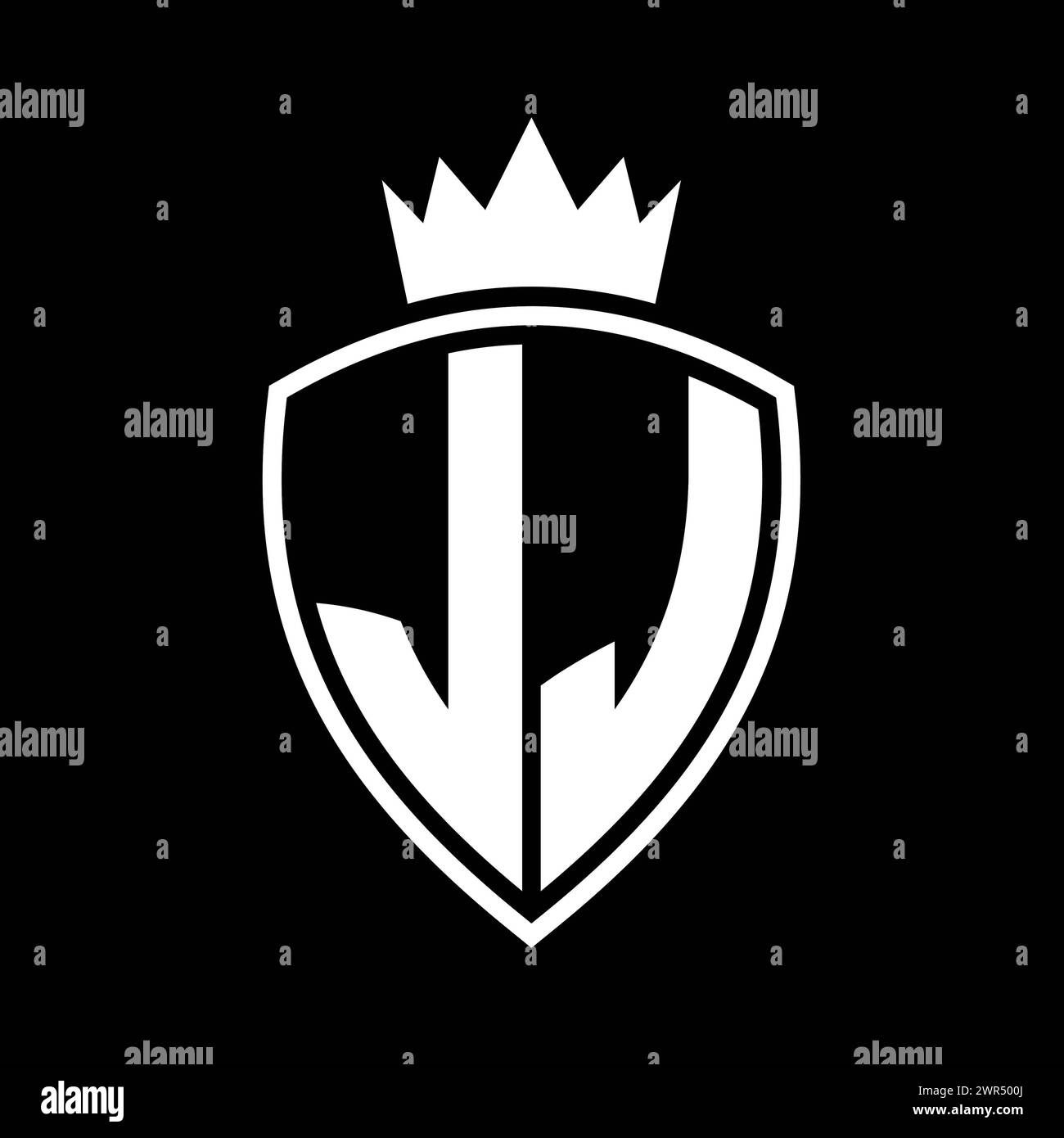 JJ Letter bold monogram with shield and crown outline shape with black ...
