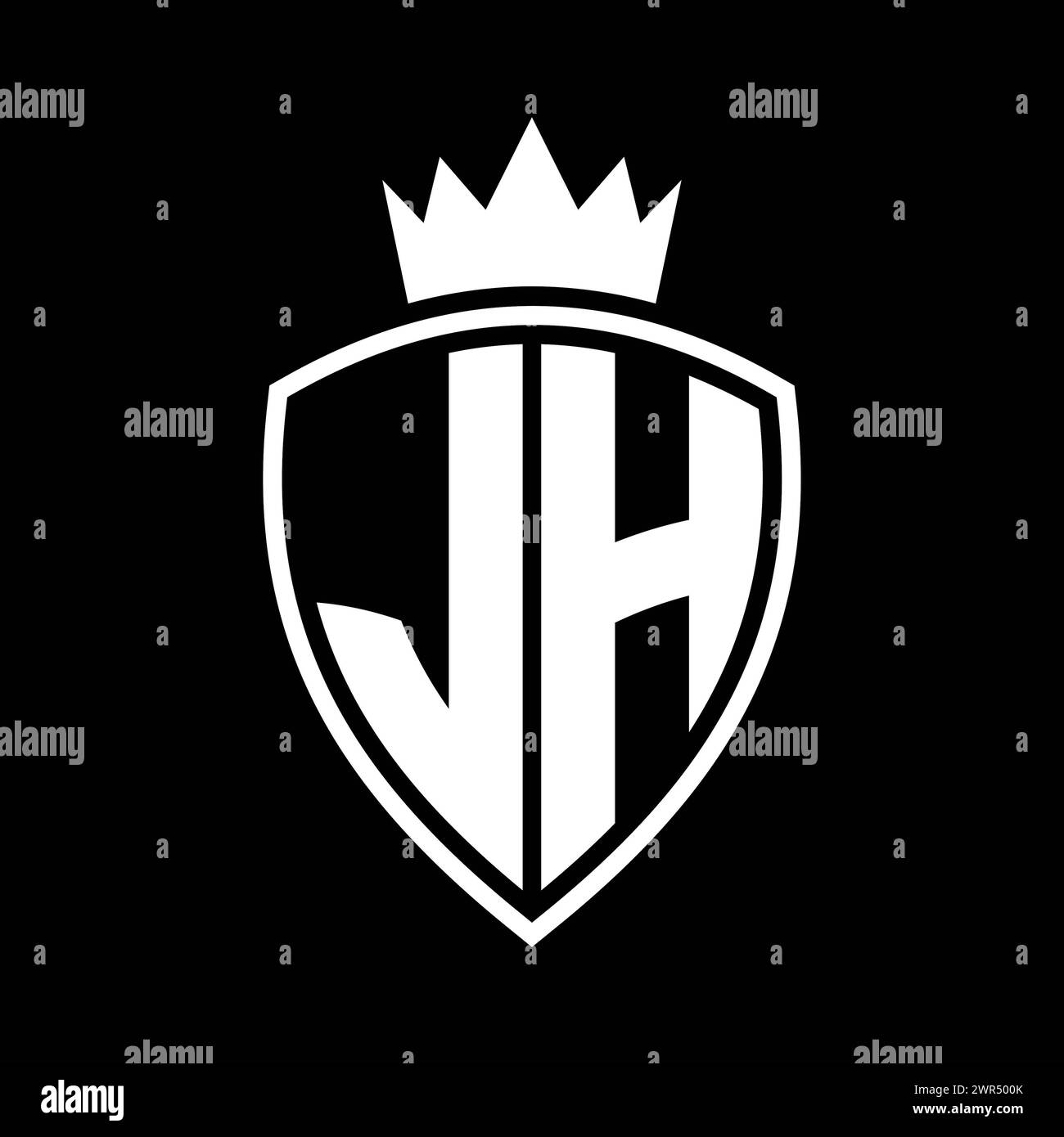 JH Letter bold monogram with shield and crown outline shape with black ...