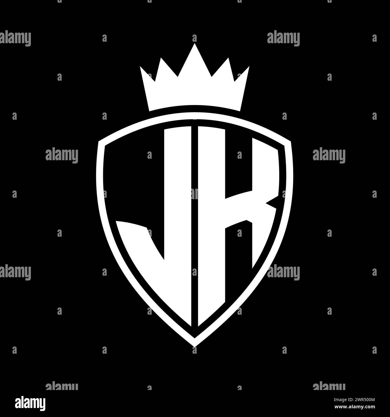 JK Letter bold monogram with shield and crown outline shape with black ...