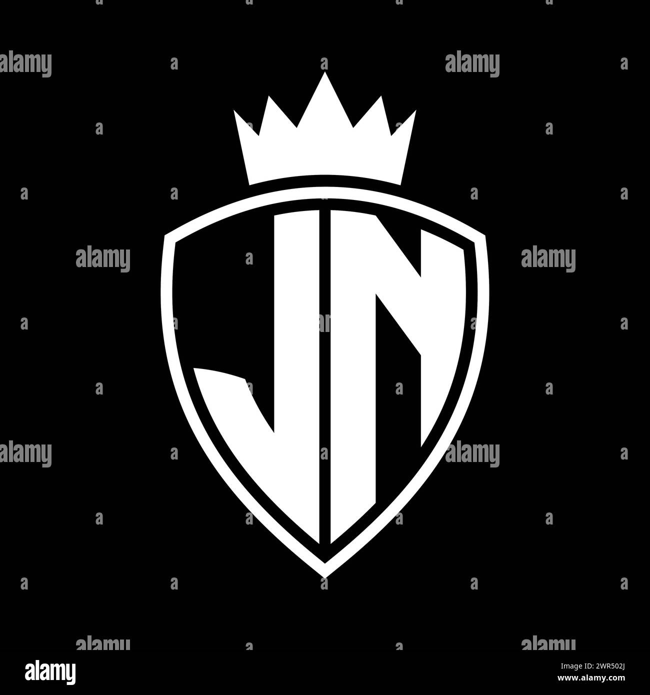 JN Letter bold monogram with shield and crown outline shape with black ...
