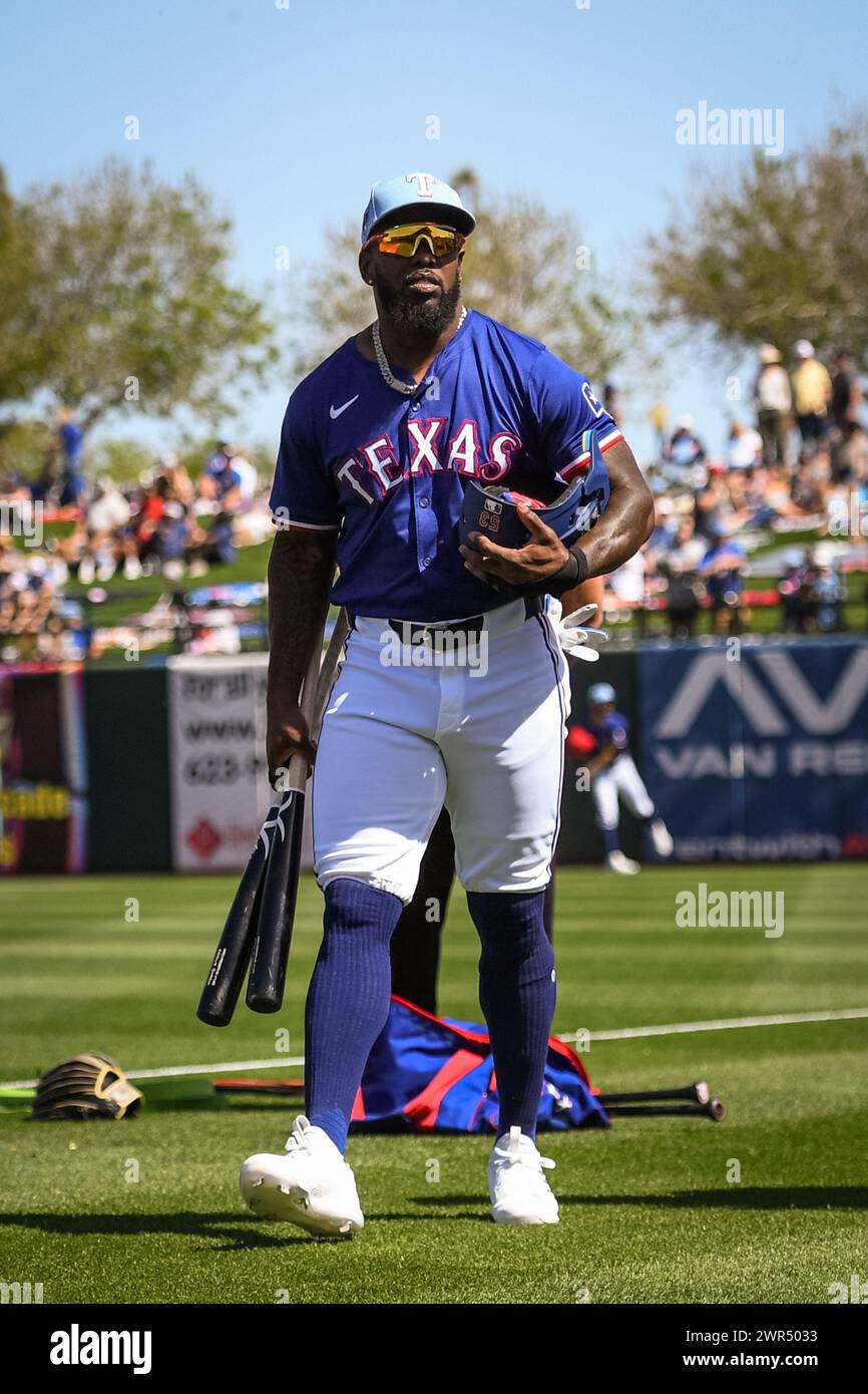 Texas Rangers right fielder Adolis Garcia (53) walks onto the field ...