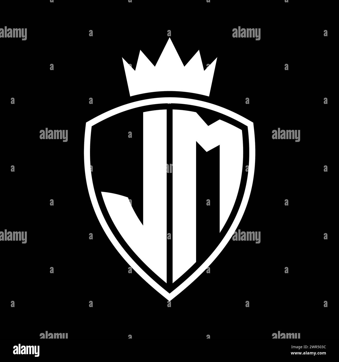JM Letter bold monogram with shield and crown outline shape with black ...