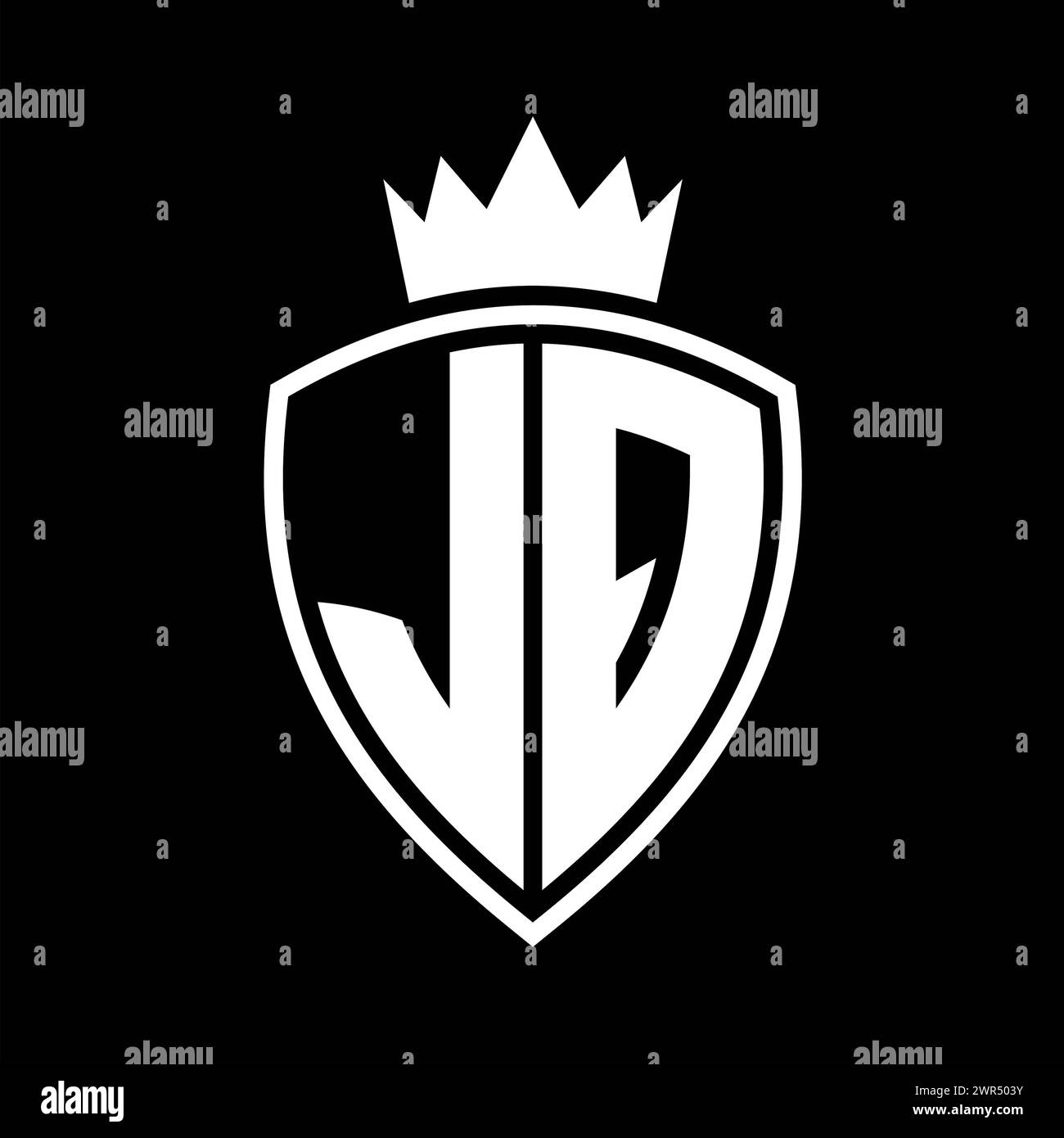 JQ Letter bold monogram with shield and crown outline shape with black ...