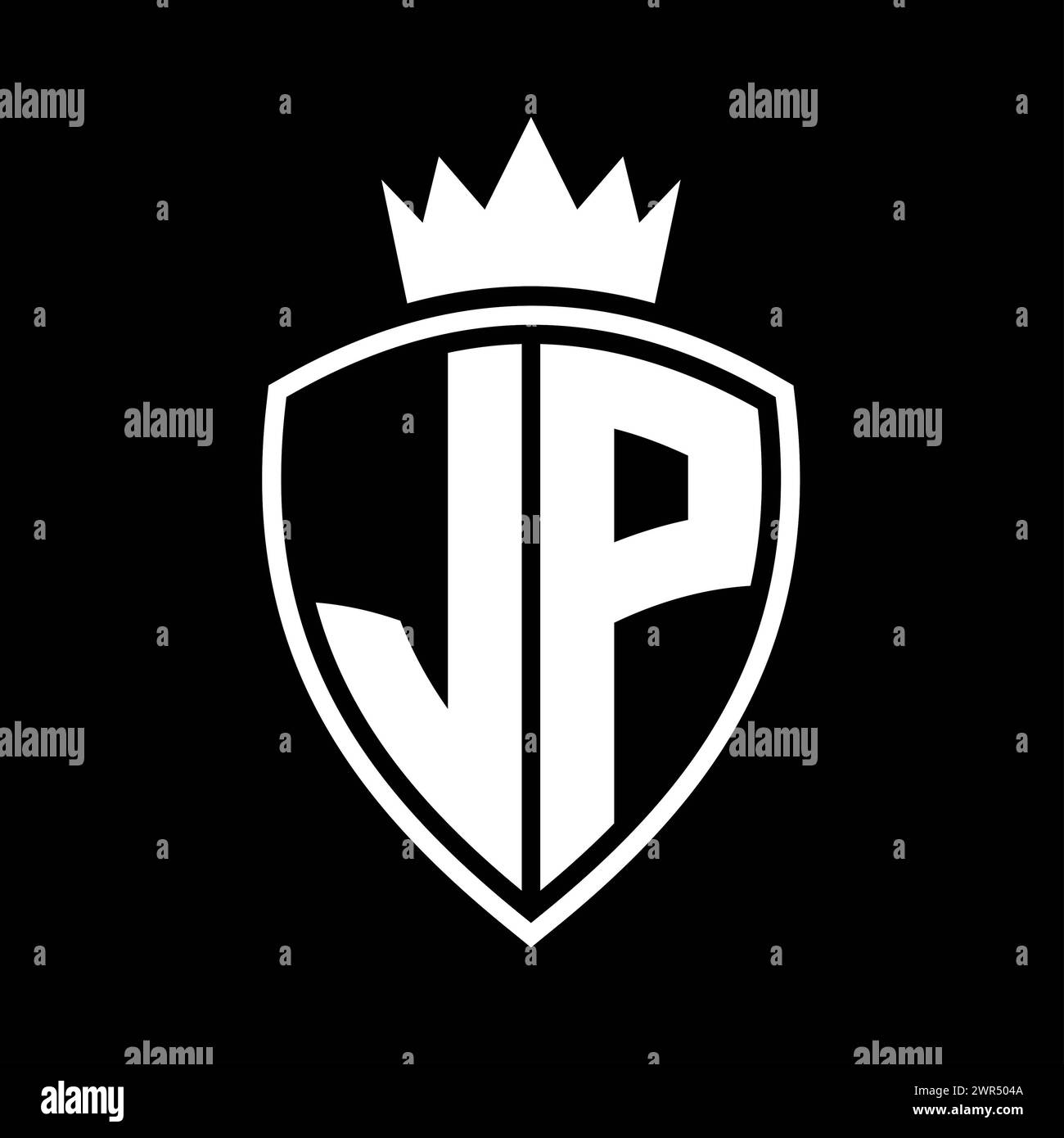 JP Letter bold monogram with shield and crown outline shape with black ...