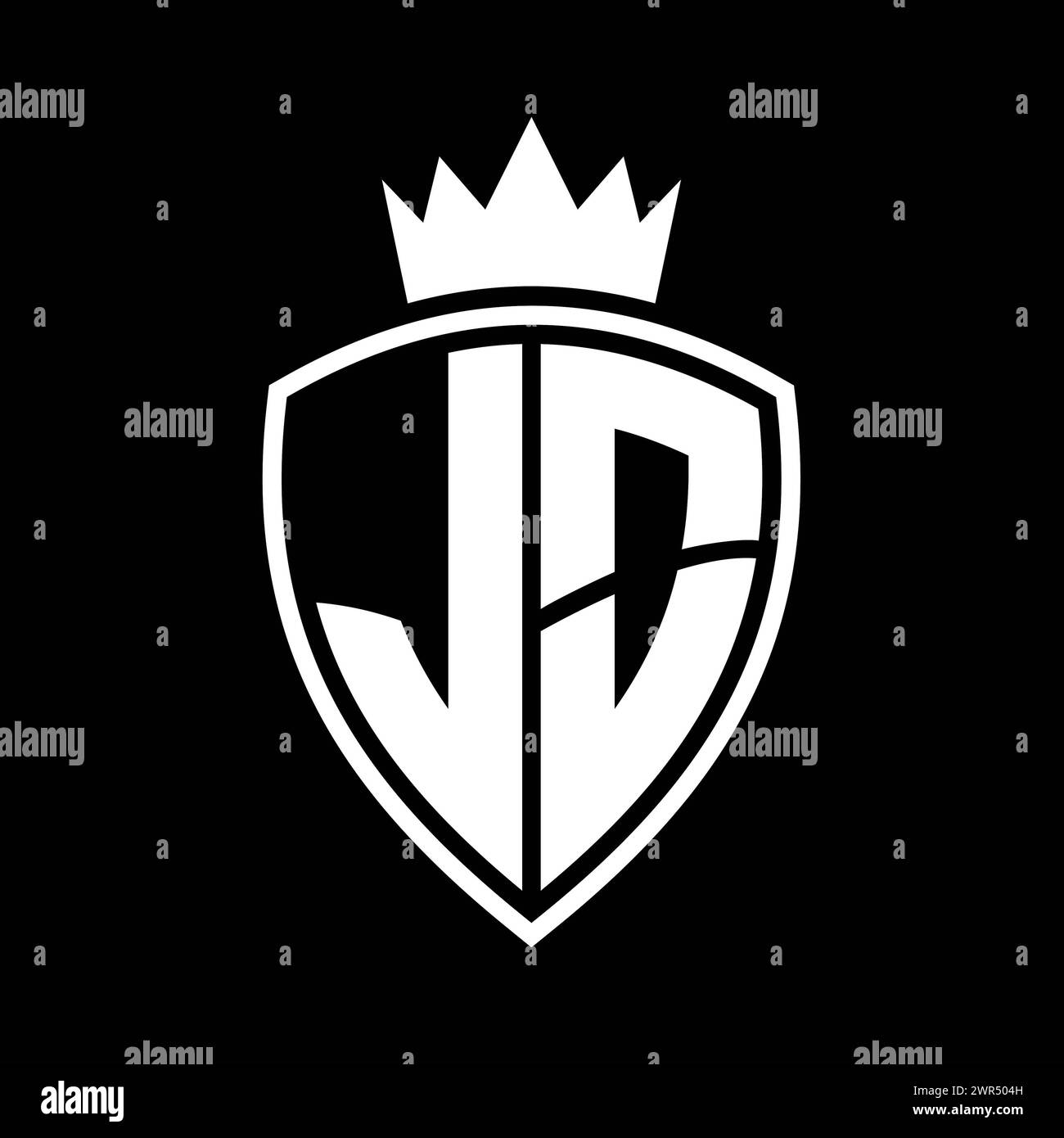 JO Letter bold monogram with shield and crown outline shape with black ...