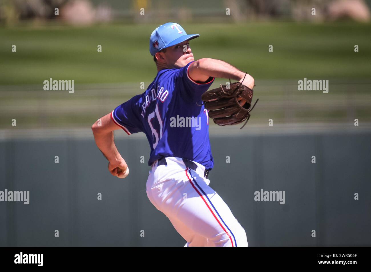 Texas Rangers starting pitcher Cody Bradford (61) throws against the ...