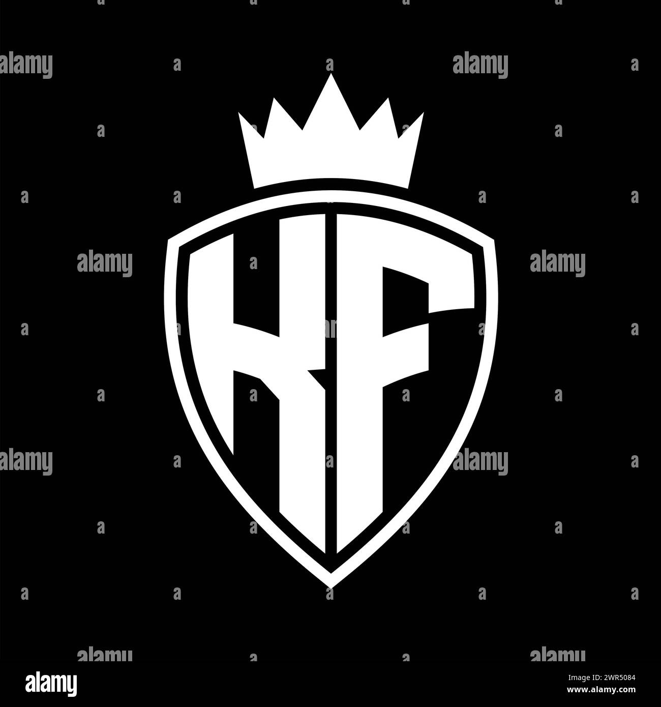 KF Letter bold monogram with shield and crown outline shape with black ...