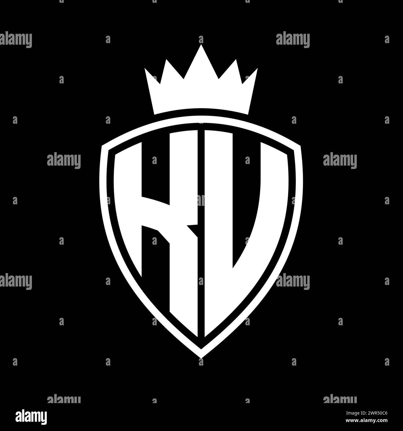 KU Letter bold monogram with shield and crown outline shape with black and white color design ...