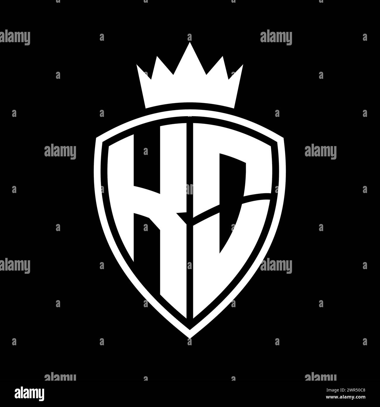 KO Letter bold monogram with shield and crown outline shape with black ...