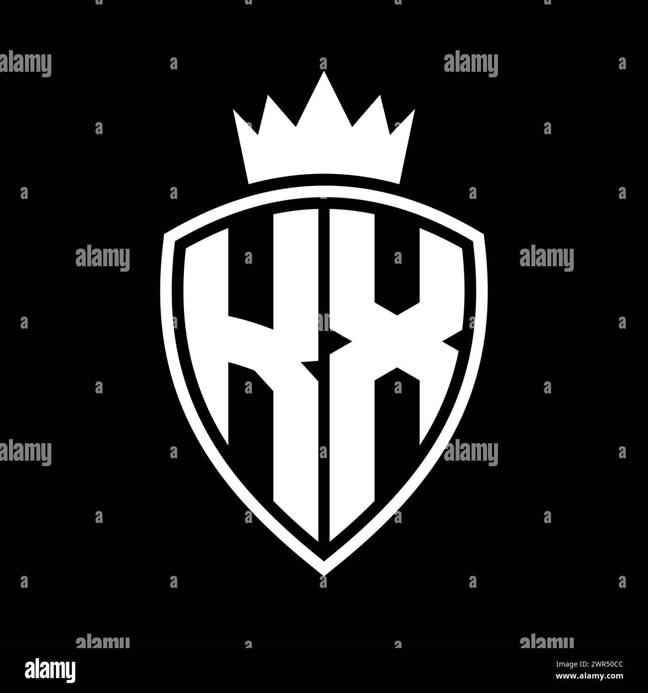 KX Letter bold monogram with shield and crown outline shape with black ...