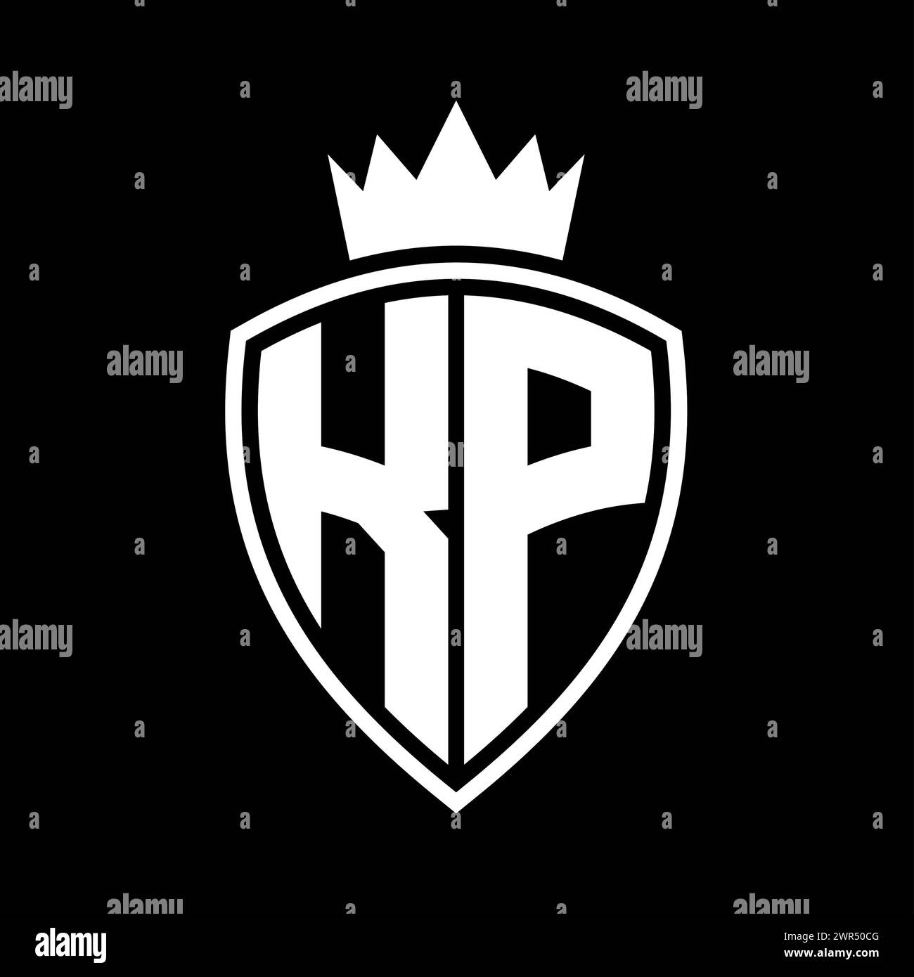 KP Letter bold monogram with shield and crown outline shape with black ...