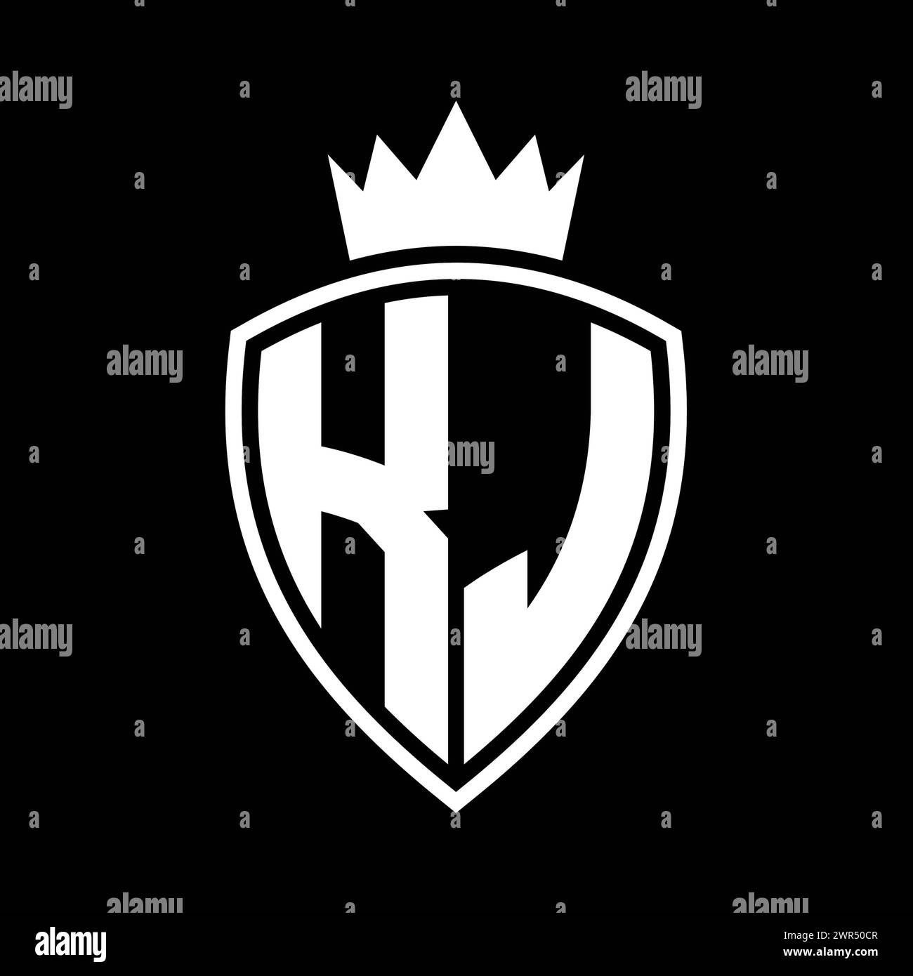KJ Letter bold monogram with shield and crown outline shape with black ...