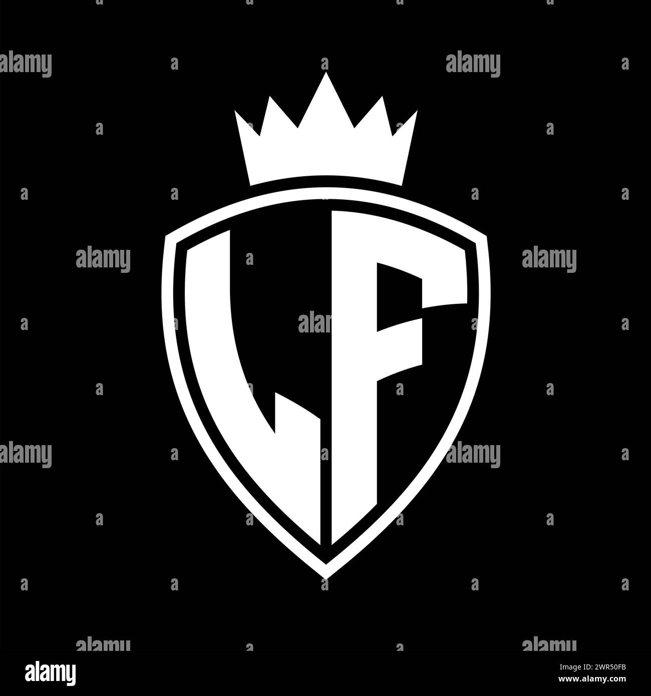 LF Letter bold monogram with shield and crown outline shape with black and white color design ...