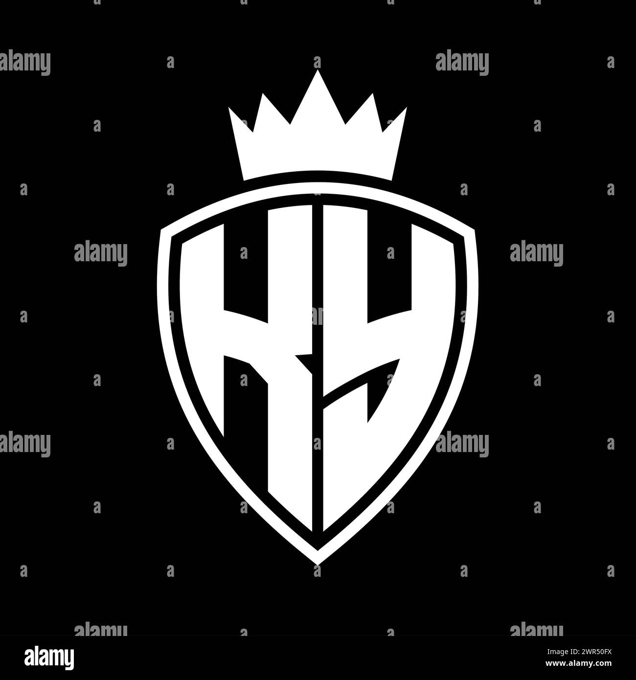 KY Letter bold monogram with shield and crown outline shape with black ...