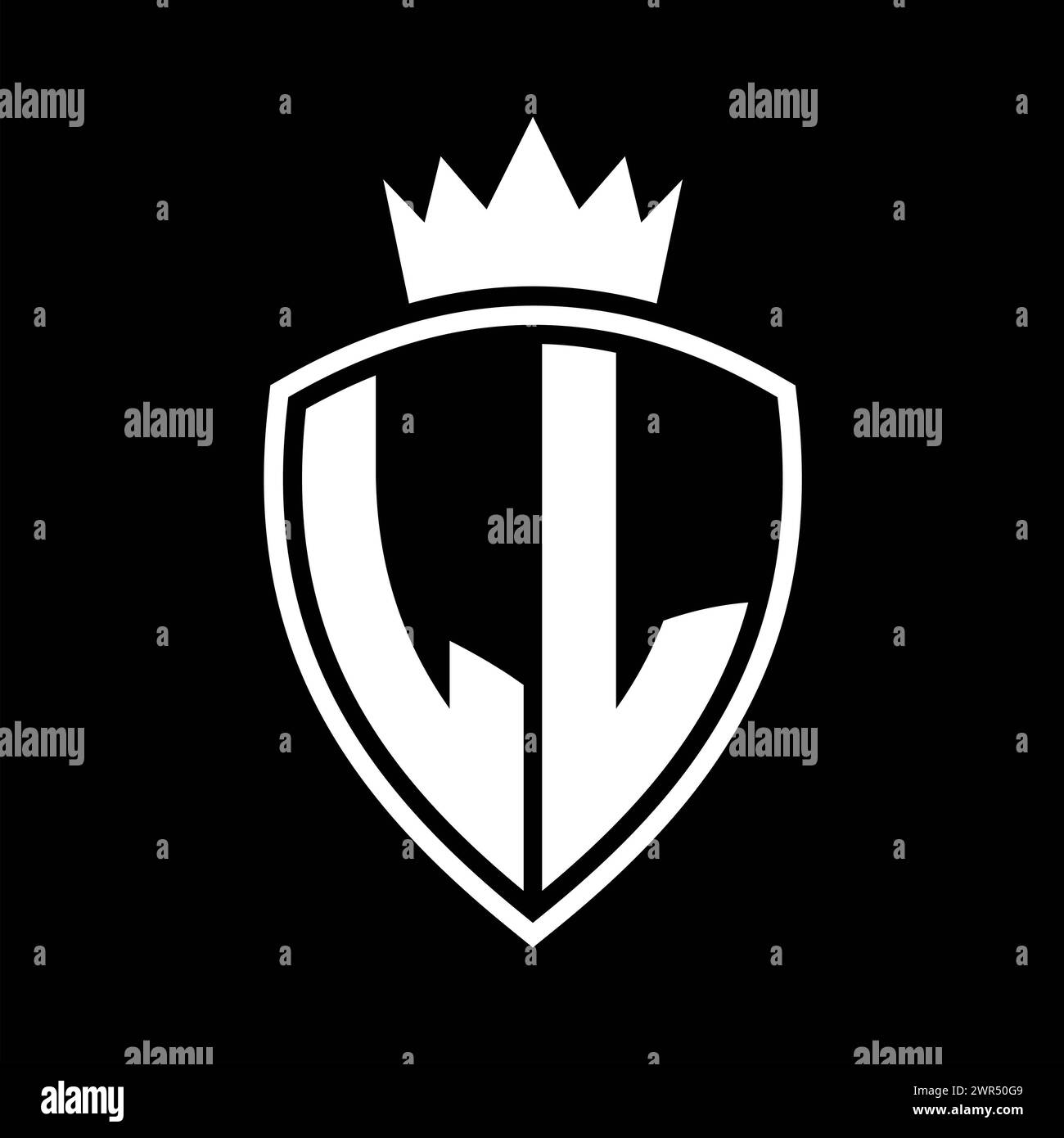 LL Letter bold monogram with shield and crown outline shape with black ...
