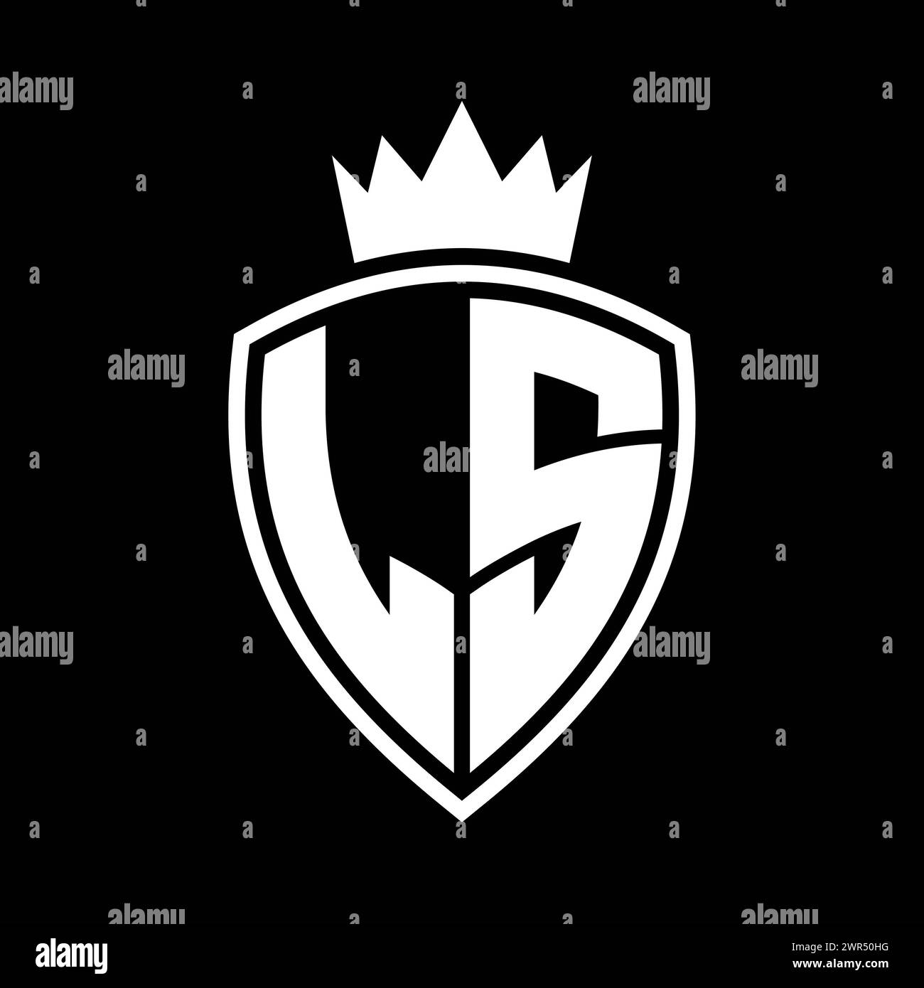 LS Letter bold monogram with shield and crown outline shape with black ...