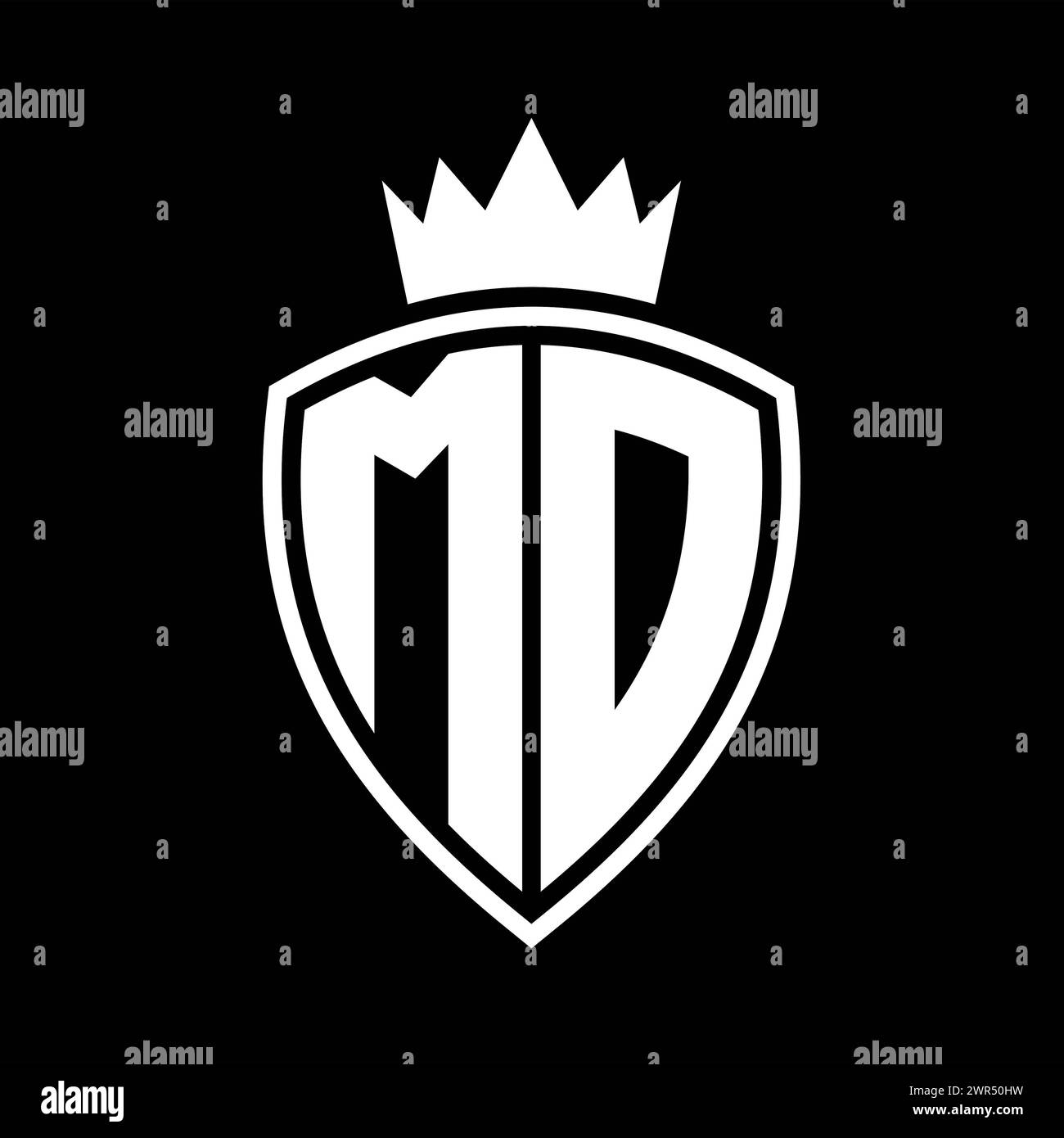 MD Letter bold monogram with shield and crown outline shape with black ...
