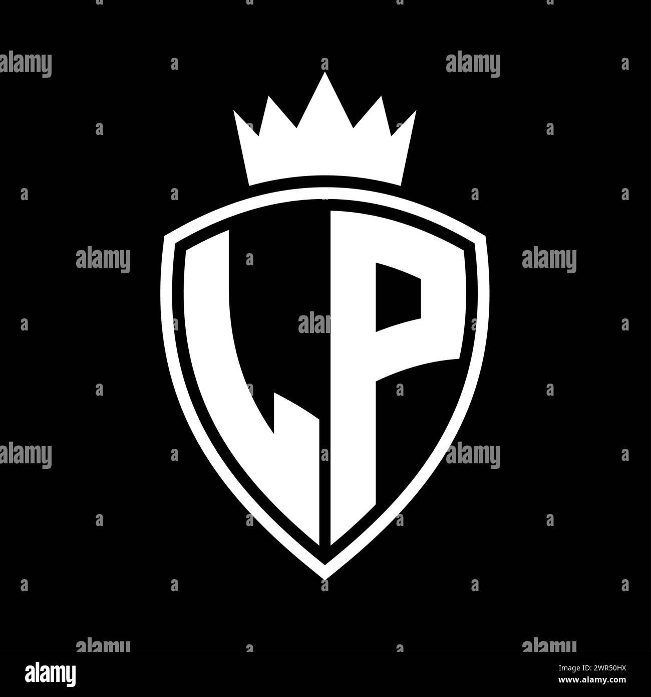 LP Letter bold monogram with shield and crown outline shape with black ...