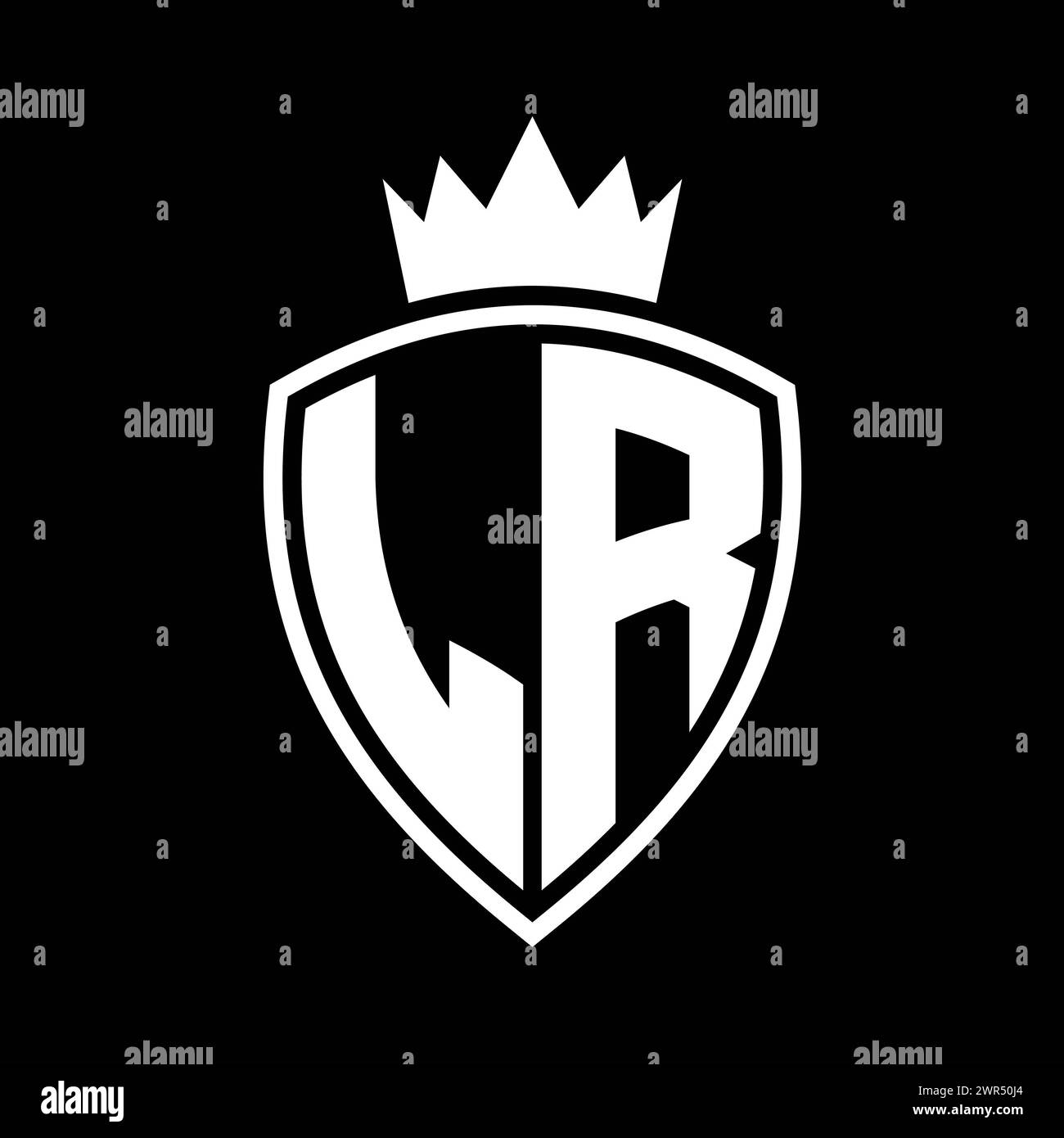 LR Letter bold monogram with shield and crown outline shape with black ...