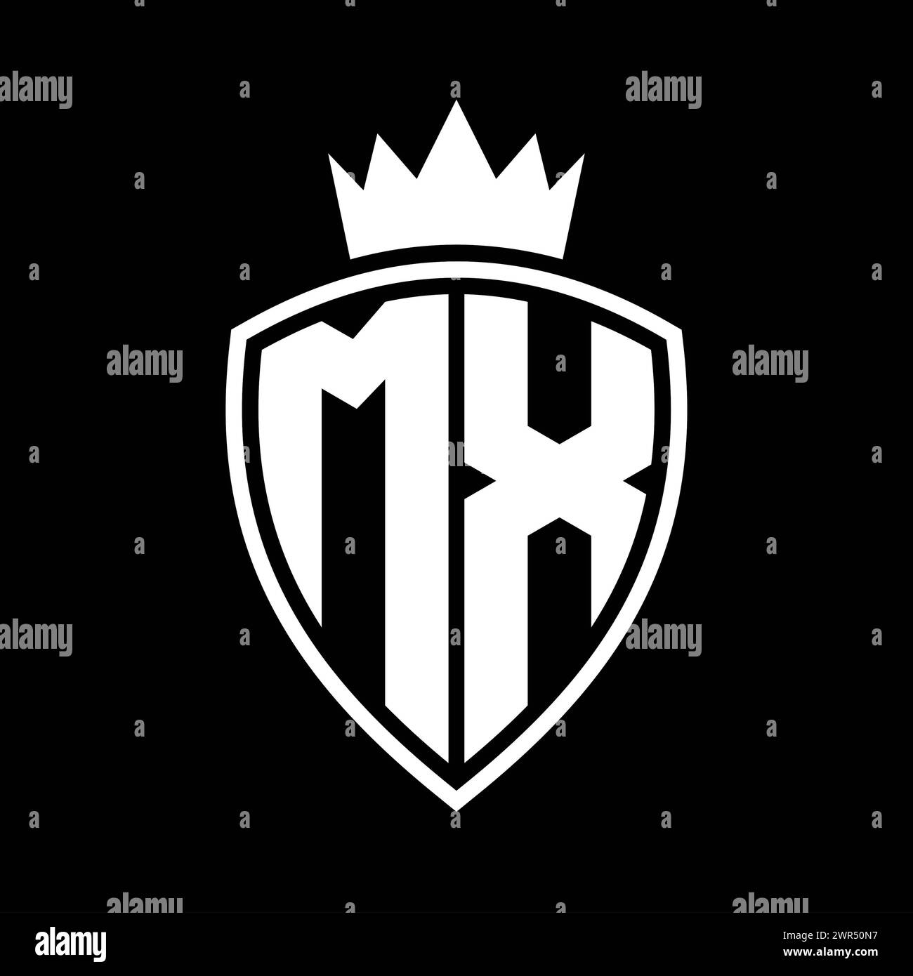 MX Letter bold monogram with shield and crown outline shape with black and white color design ...
