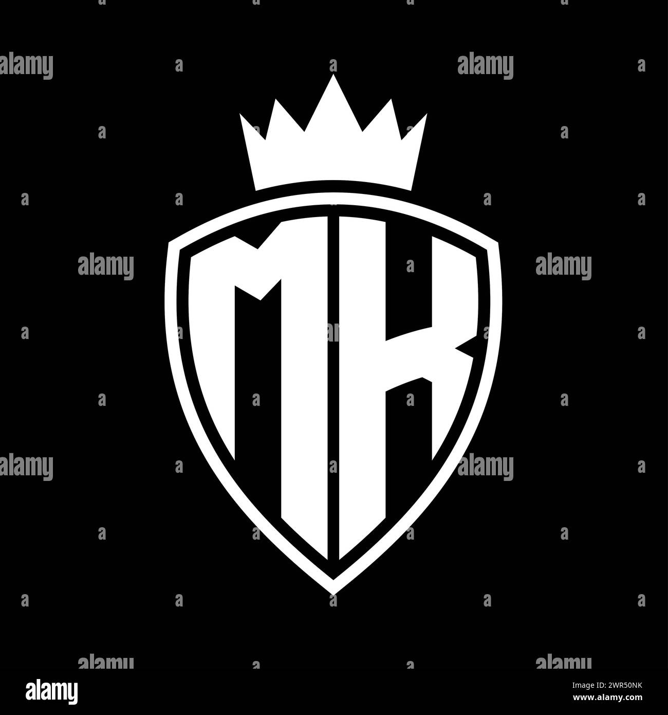 MK Letter bold monogram with shield and crown outline shape with black ...