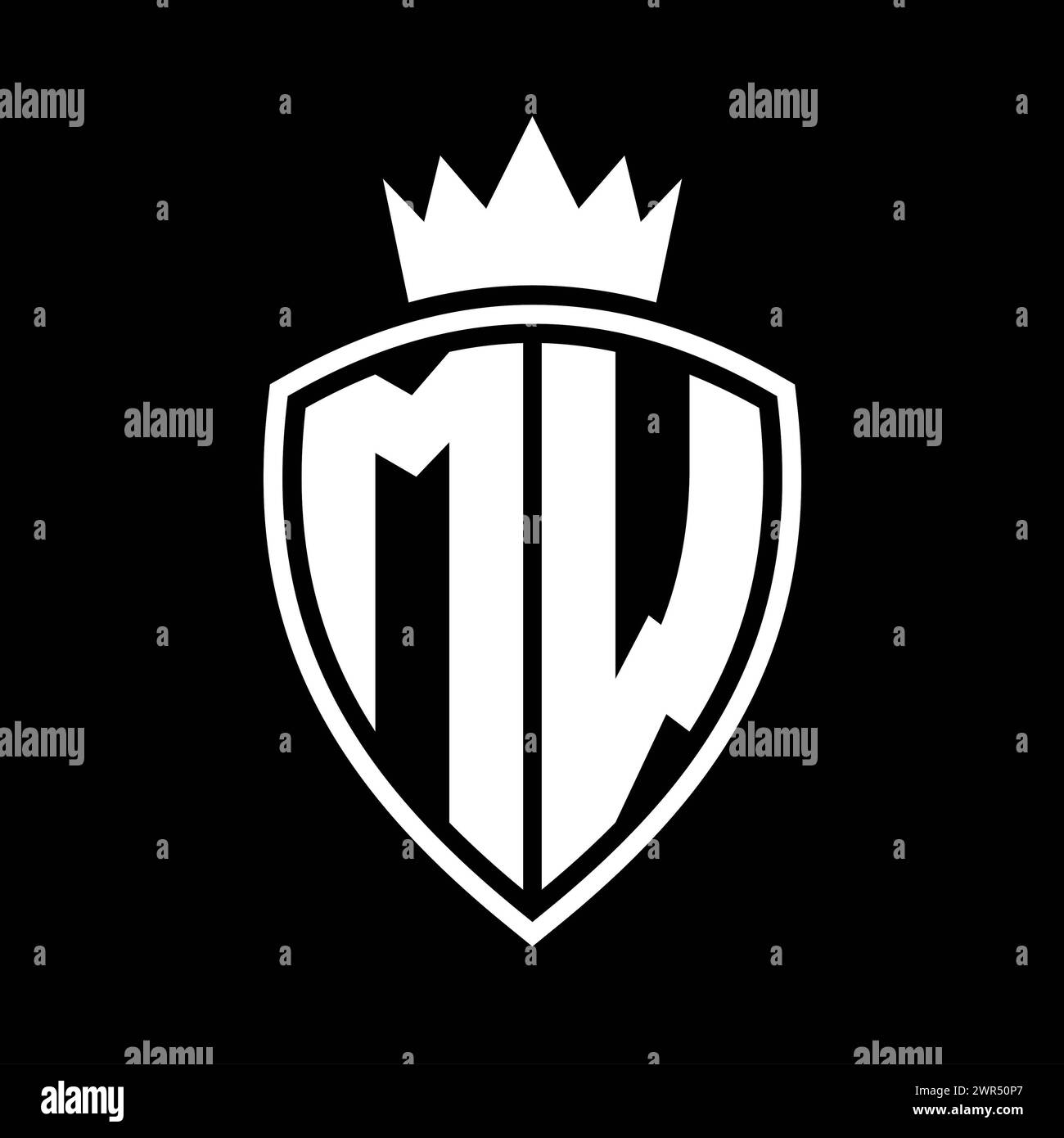 MW Letter bold monogram with shield and crown outline shape with black ...