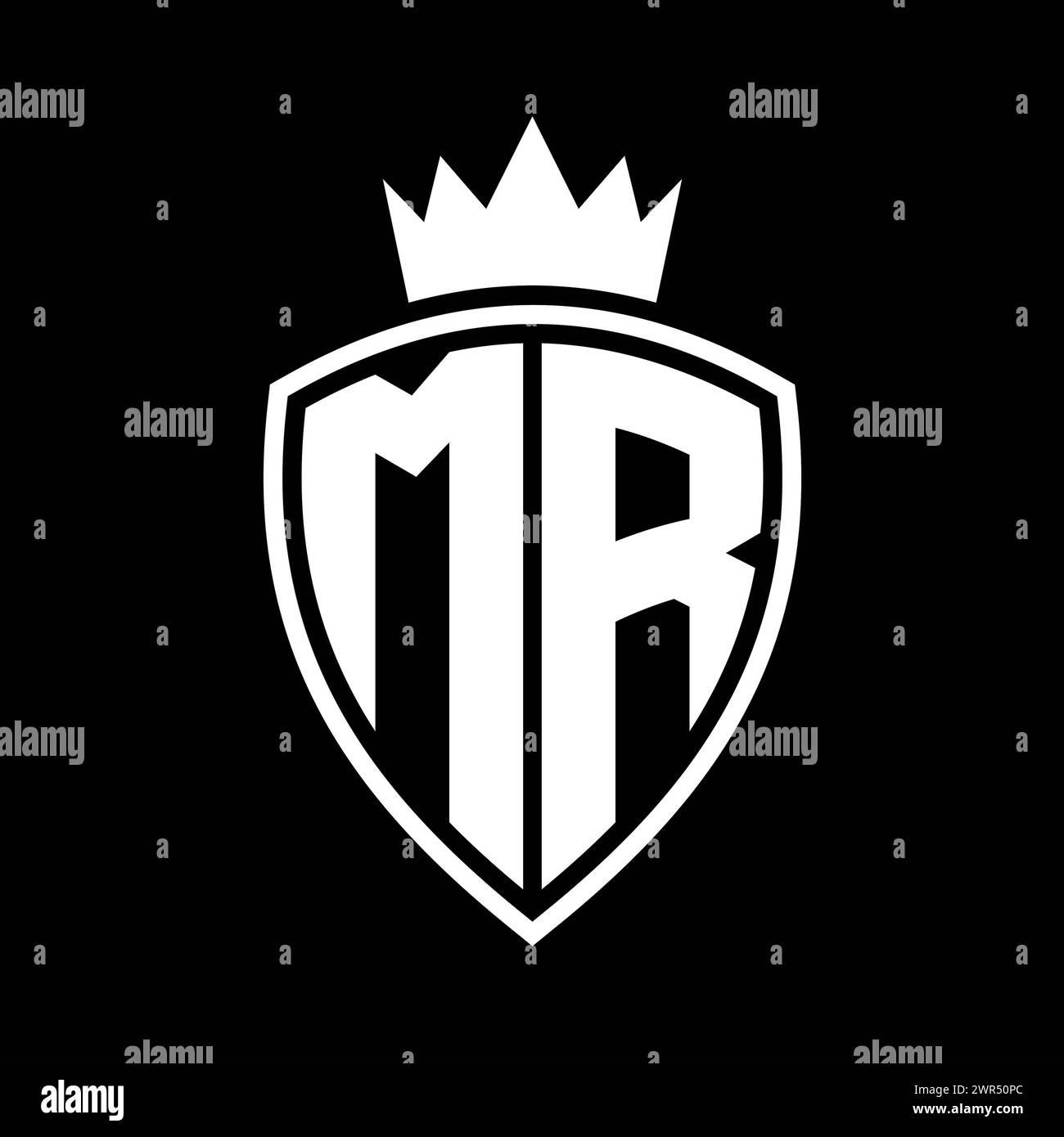 MR Letter bold monogram with shield and crown outline shape with black ...