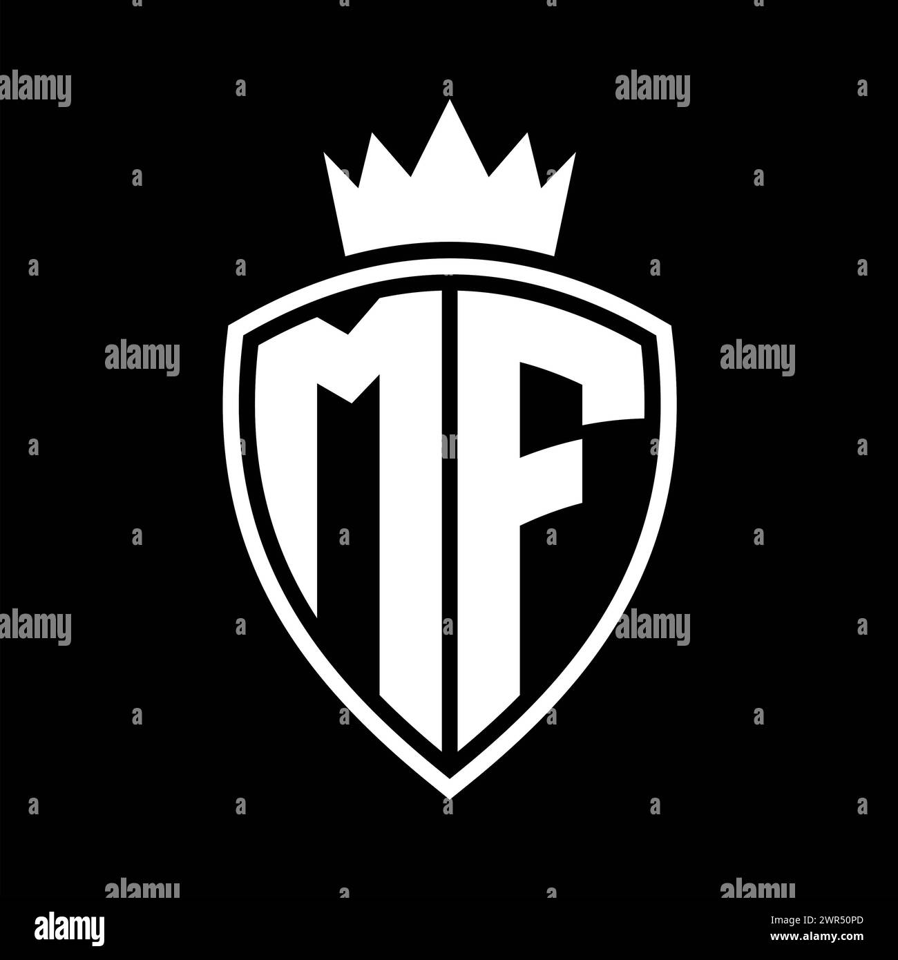 MF Letter bold monogram with shield and crown outline shape with black ...