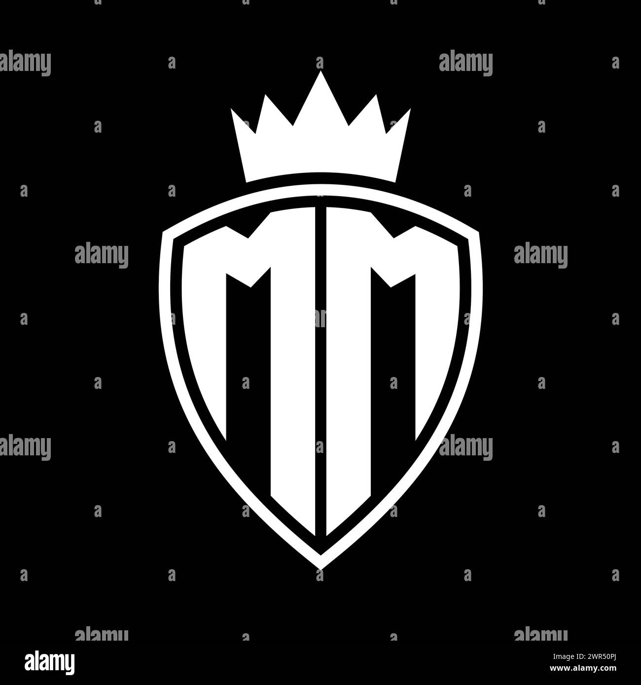 MM Letter bold monogram with shield and crown outline shape with black ...