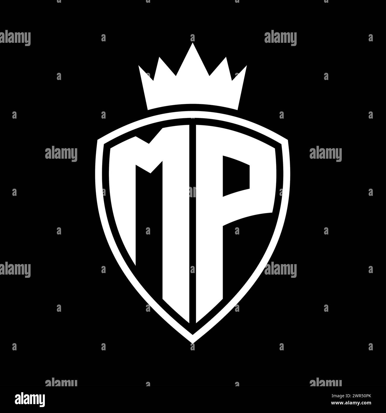 MP Letter bold monogram with shield and crown outline shape with black ...