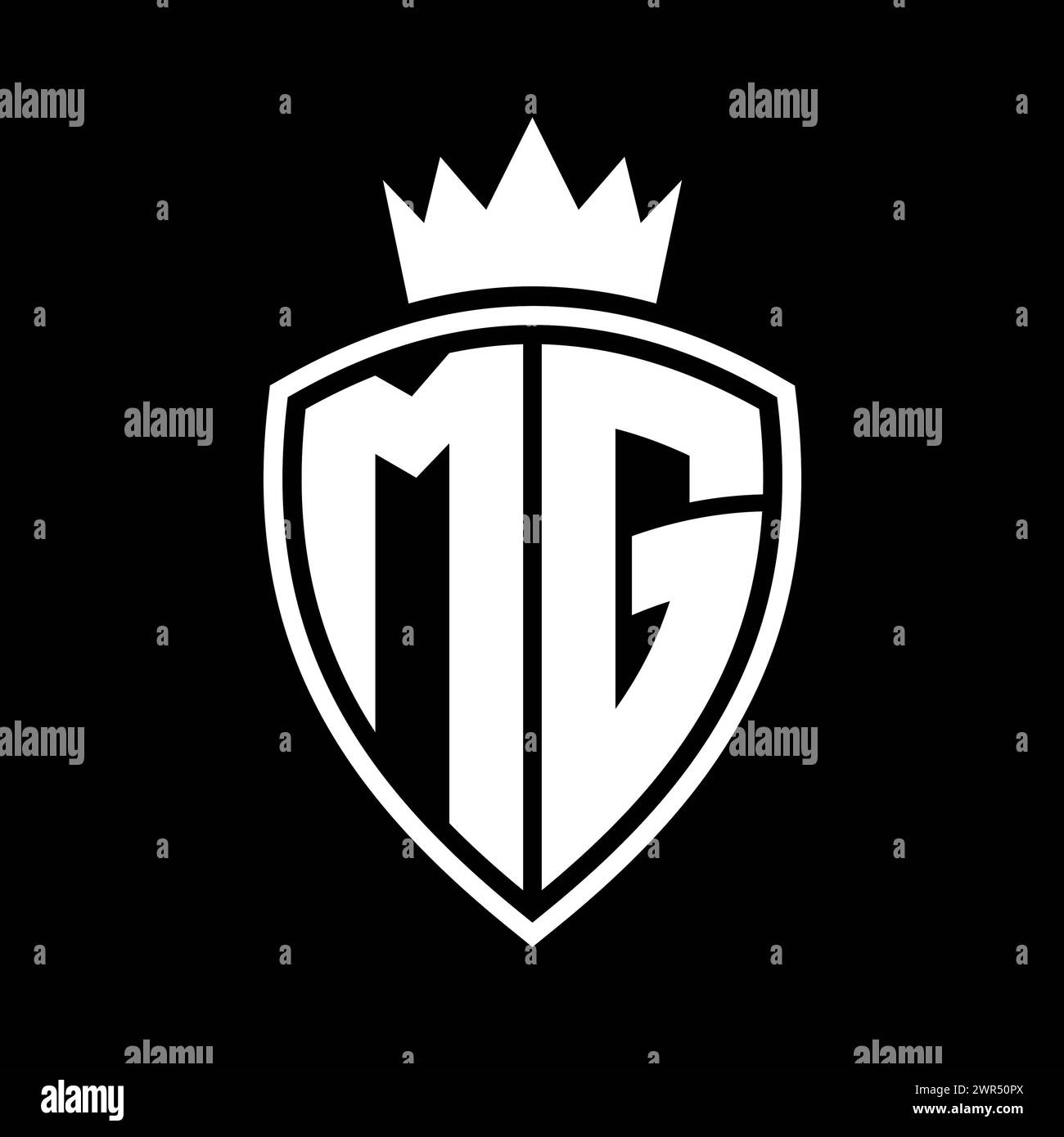 MG Letter bold monogram with shield and crown outline shape with black ...