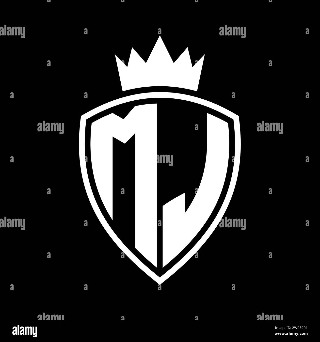 MJ Letter bold monogram with shield and crown outline shape with black ...