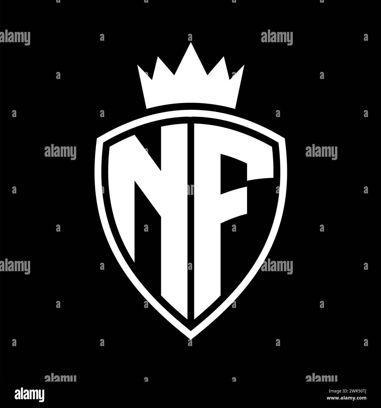 NF Letter bold monogram with shield and crown outline shape with black and white color design ...