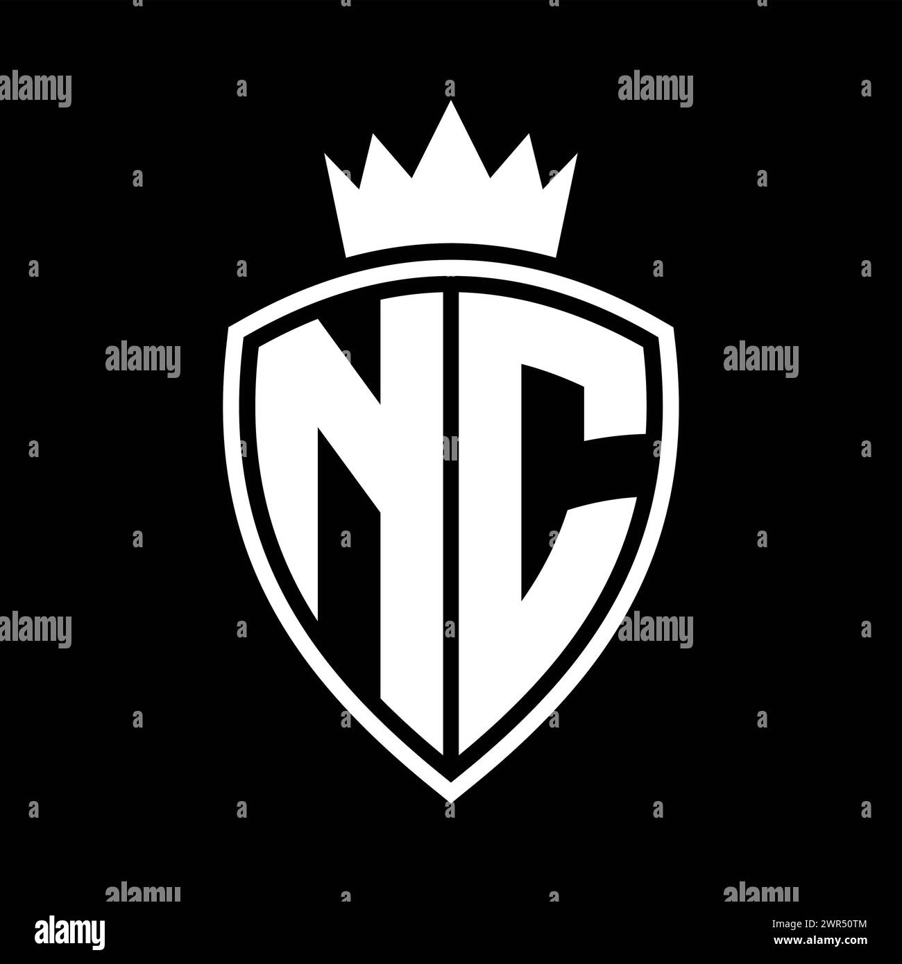 NC Letter bold monogram with shield and crown outline shape with black ...