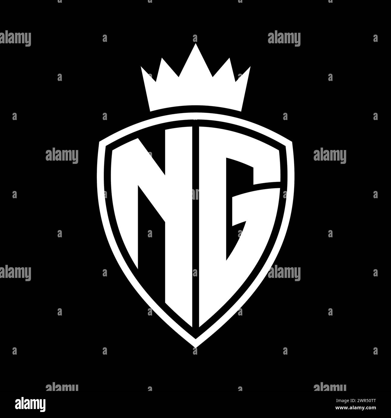 NG Letter bold monogram with shield and crown outline shape with black and white color design ...