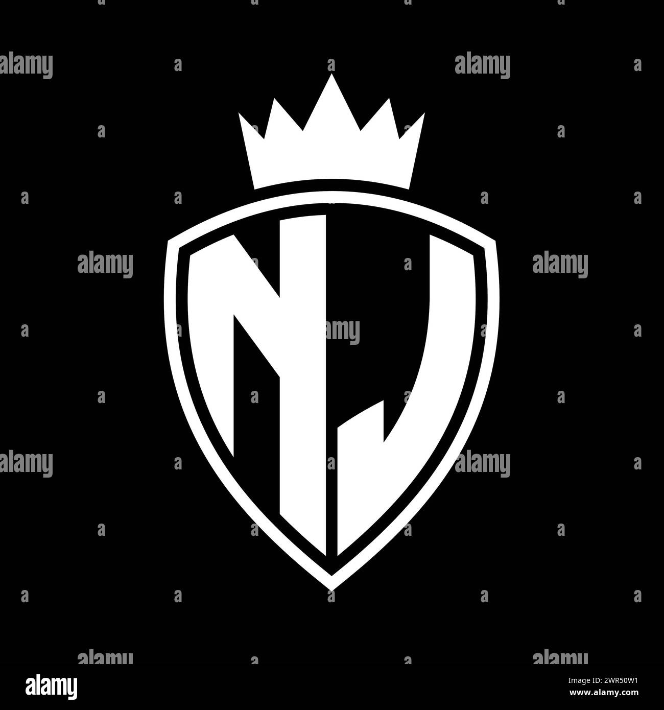 NJ Letter bold monogram with shield and crown outline shape with black ...