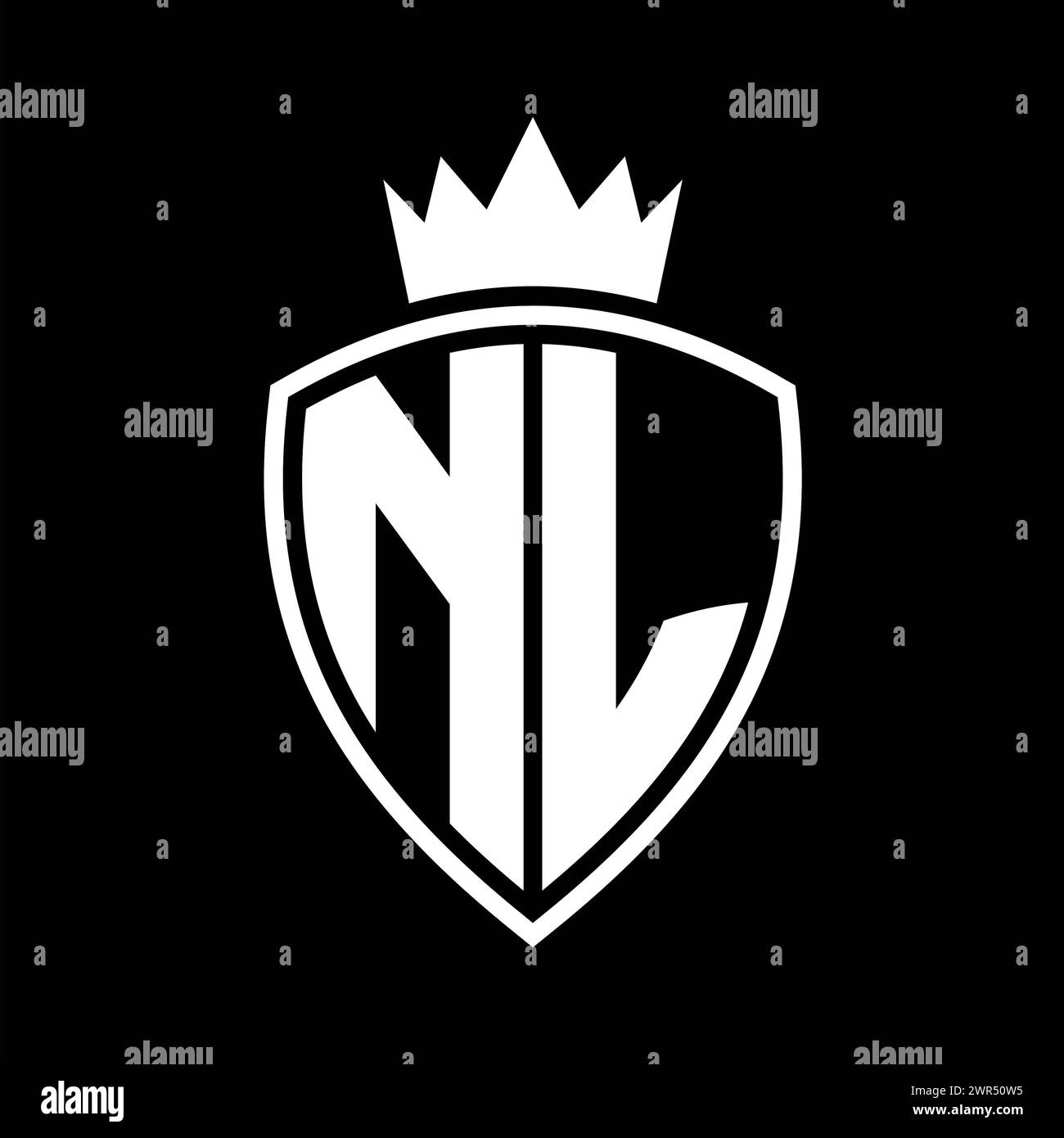 NL Letter bold monogram with shield and crown outline shape with black ...