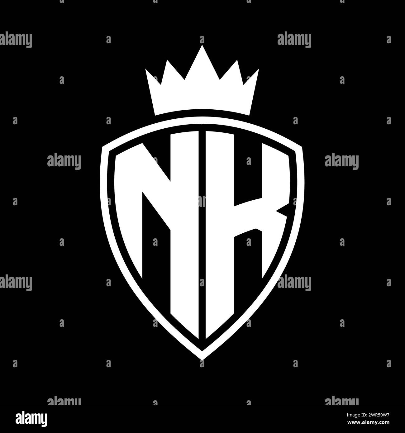 NK Letter bold monogram with shield and crown outline shape with black ...