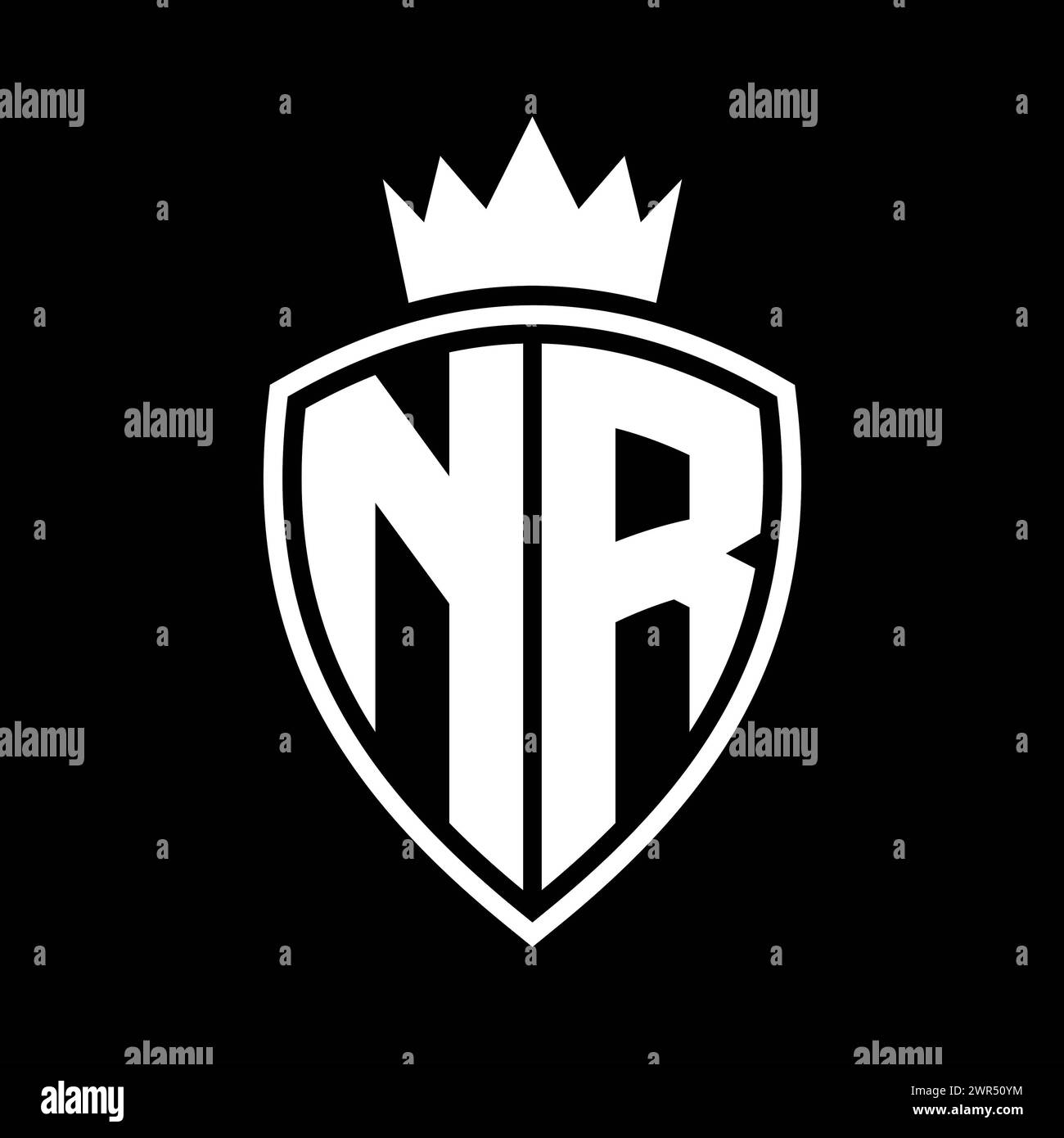 NR Letter bold monogram with shield and crown outline shape with black ...