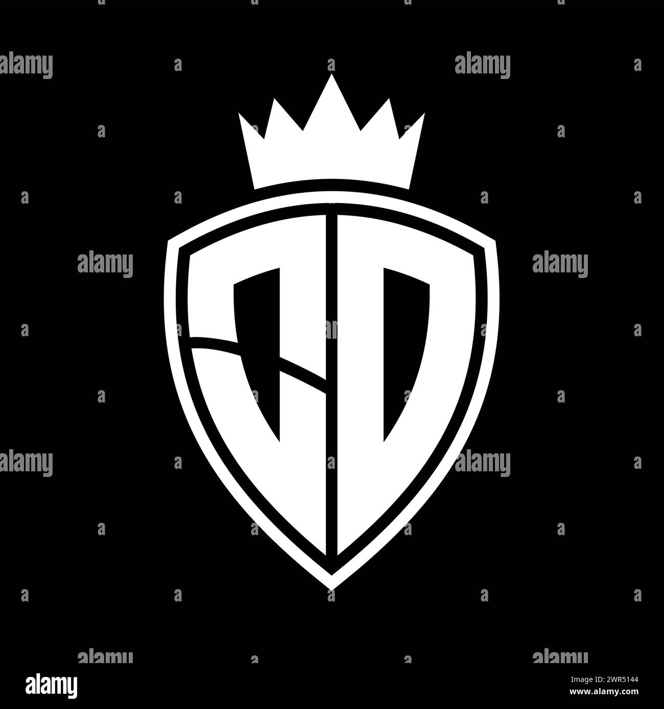 OD Letter bold monogram with shield and crown outline shape with black ...
