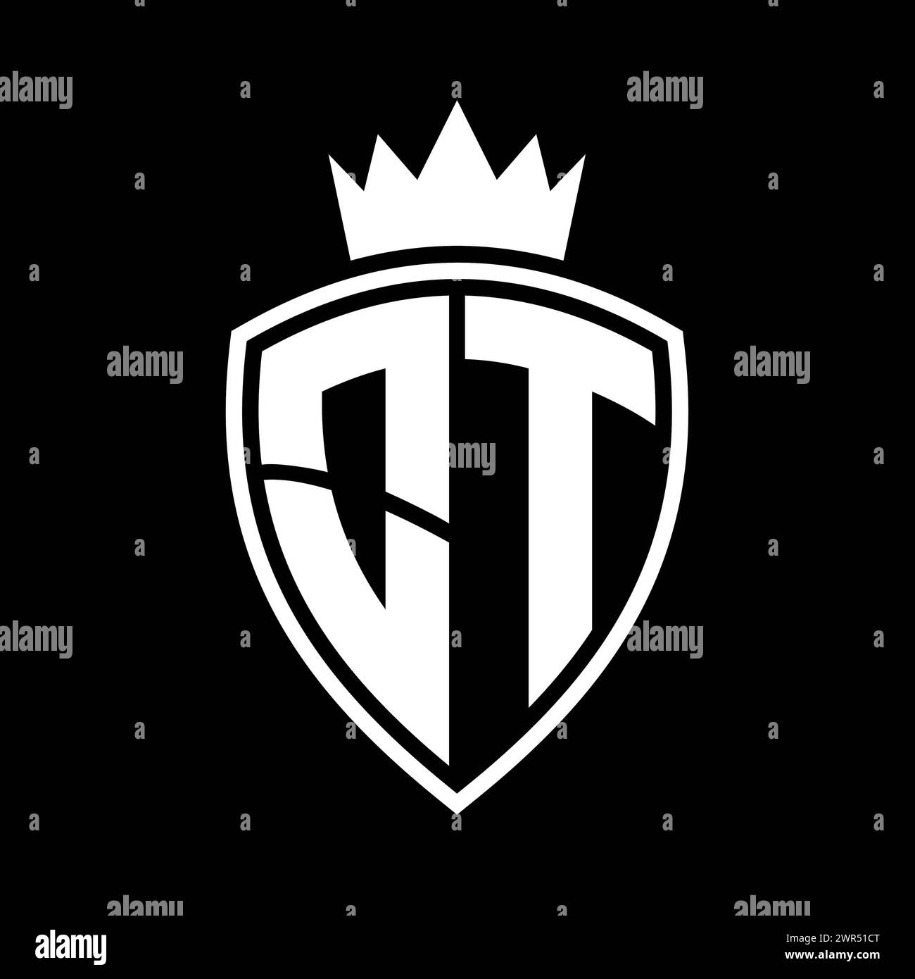 OT Letter bold monogram with shield and crown outline shape with black and white color design ...